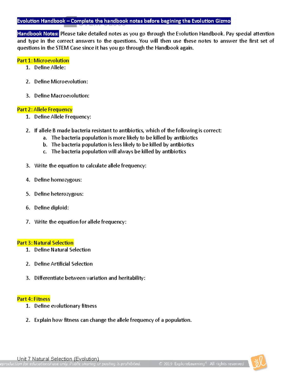 Explore Learning Bacteria - 2019 Evolution Handbook – Complete the ...