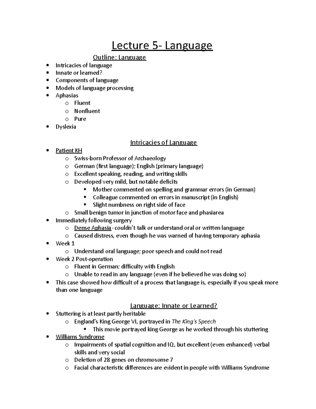 Lecture 5 Clinical Psychology - Lecture 5- Language Outline: Language ...