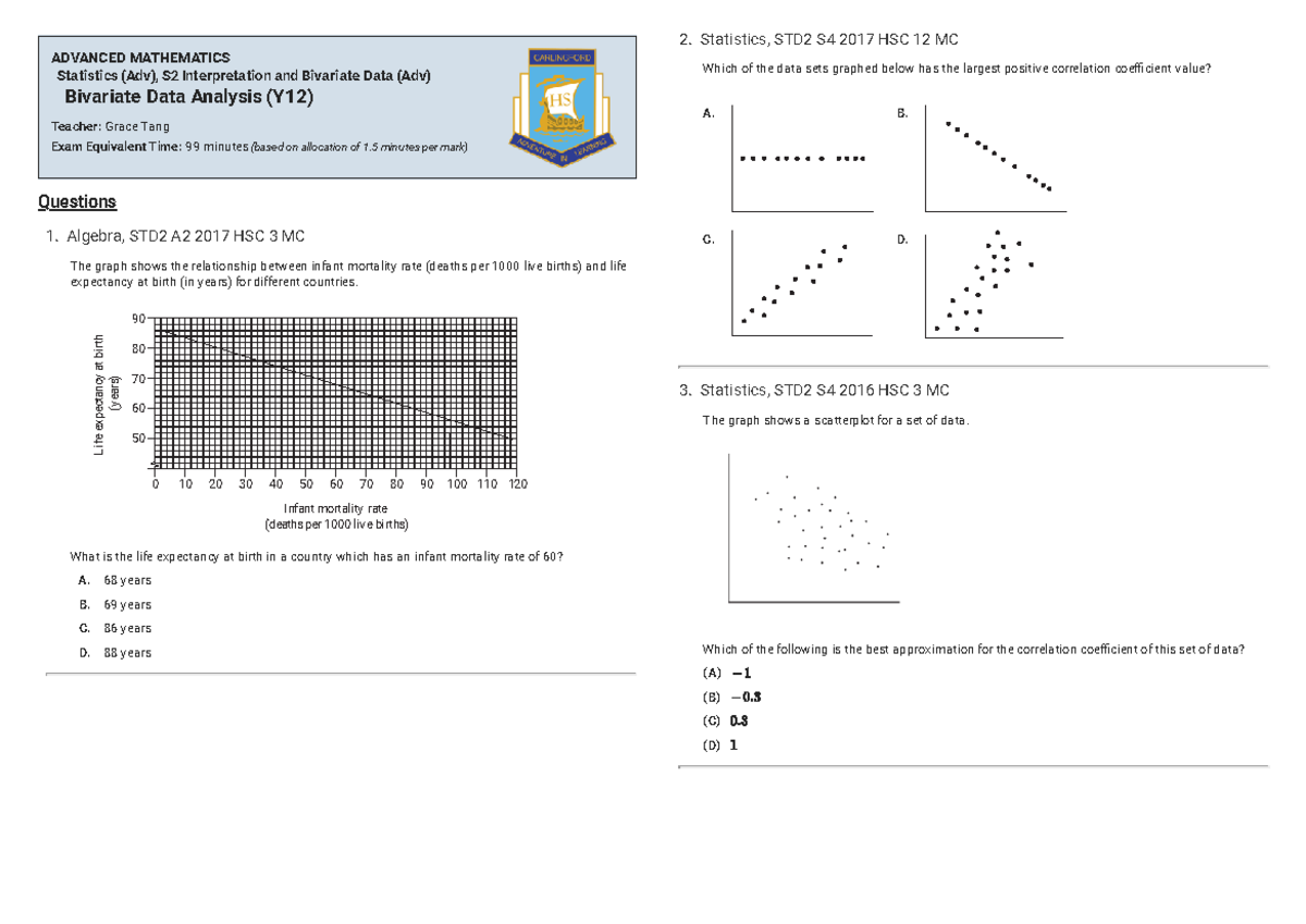 Bivariate exam questions 2 - 1. Algebra, STD2 A2 2017 HSC 3 MC ADVANCED ...