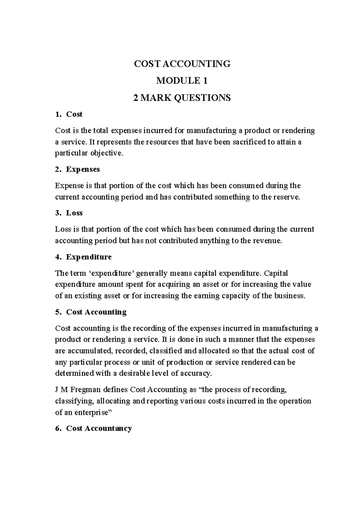 Cost Accounting Module 1 - COST ACCOUNTING MODULE 1 2 MARK QUESTIONS 1 ...