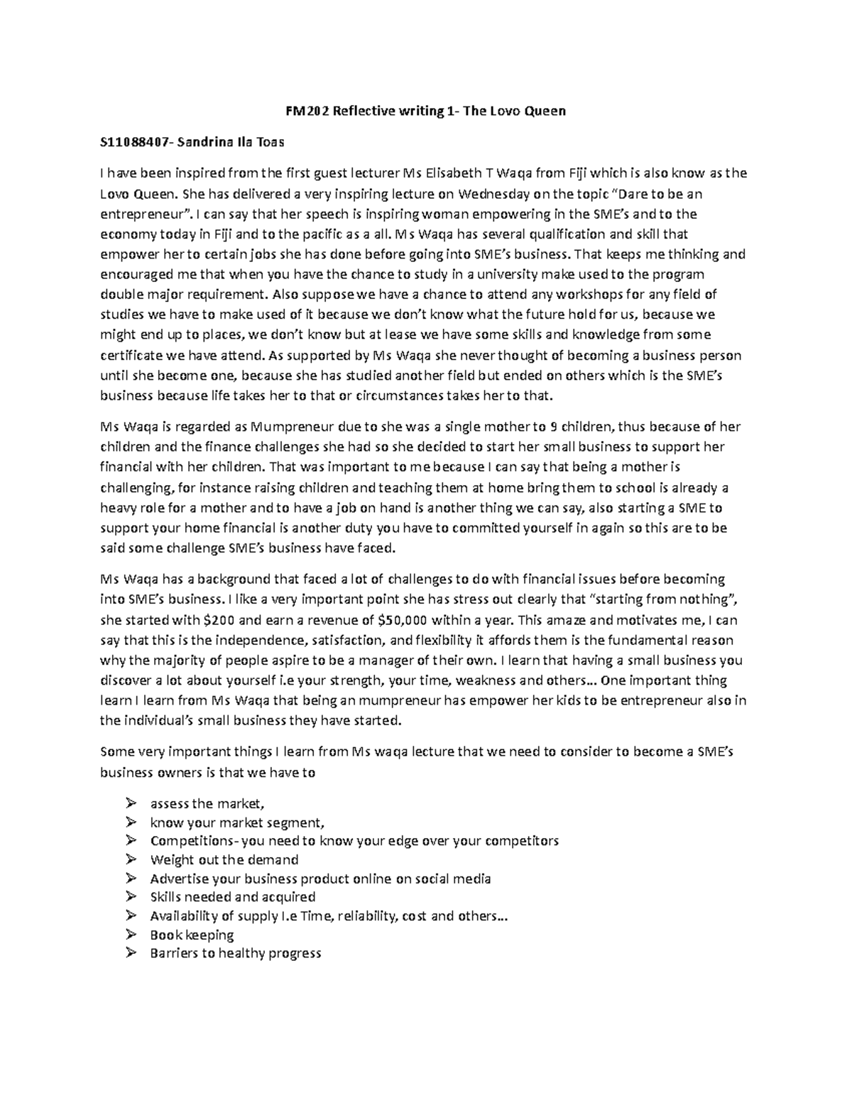 FM202 Reflective writing 1 - She has delivered a very inspiring lecture ...