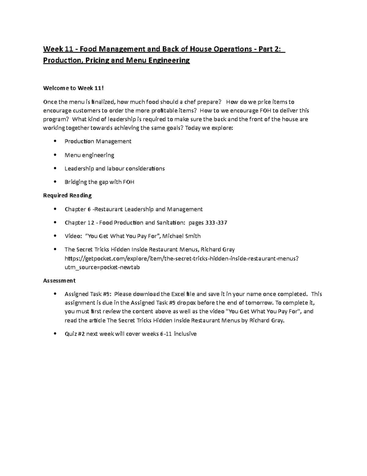 Week 11 - Intro - Week 11 - Food Management and Back of House ...