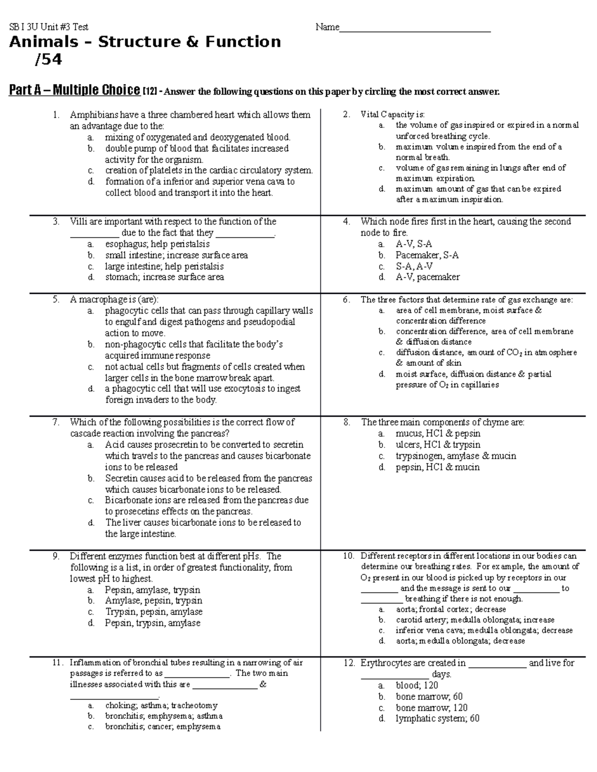 Grade 11 Bio Test - Animals: Structure and Function - SBI 3U Unit #3 ...