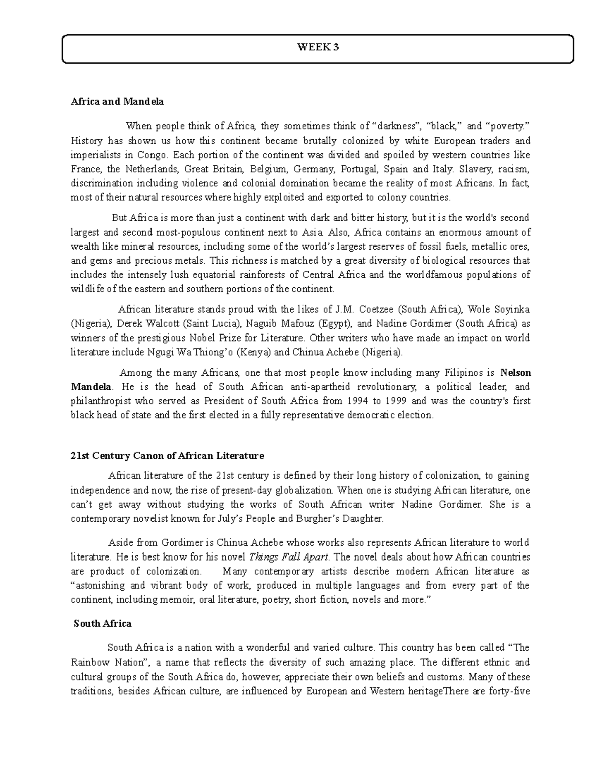Week 3 Africa and Mandela - Africa and Mandela When people think of ...