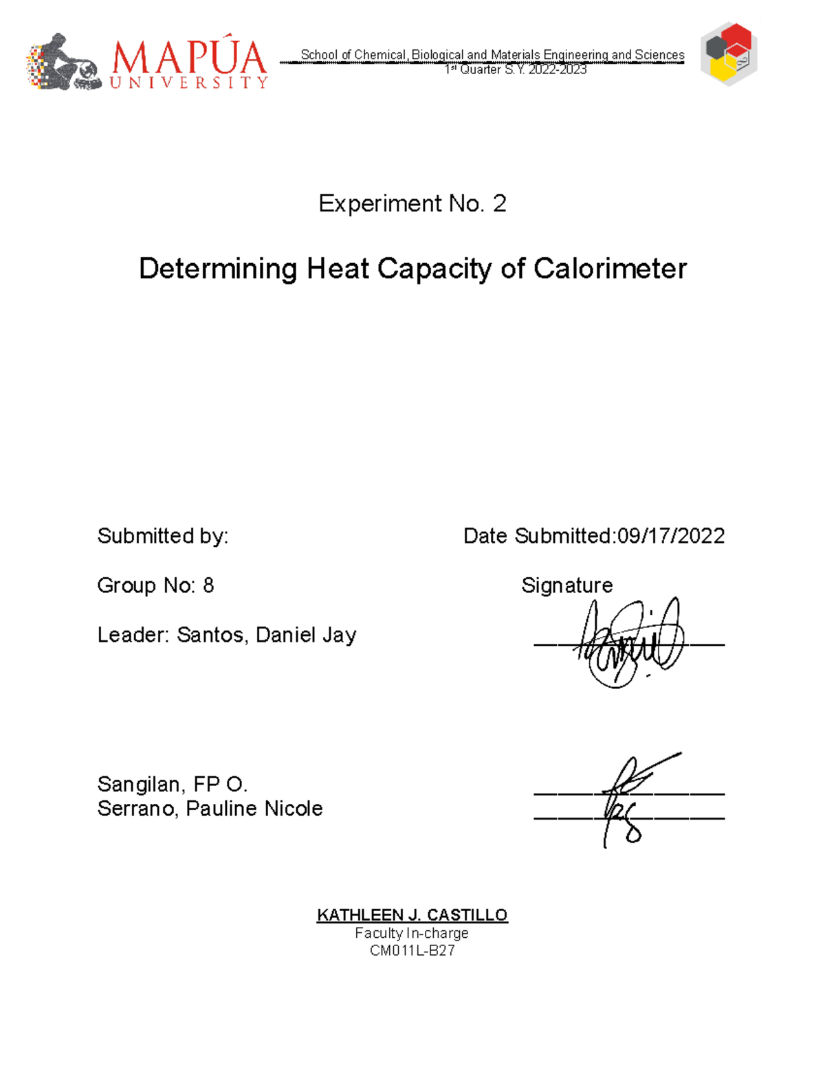 GRP 8 Paper 1 - lab report - 1 stQuarter S. 2022- Experiment No. 2 ...