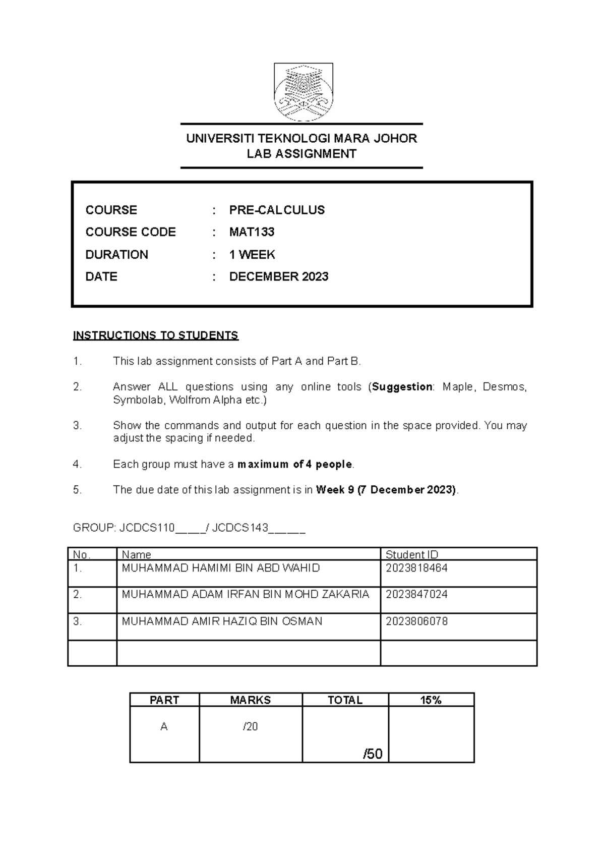 MAT133 LAB Assessment Group OCT 2023 WEEK 8 Question - Google Docs ...