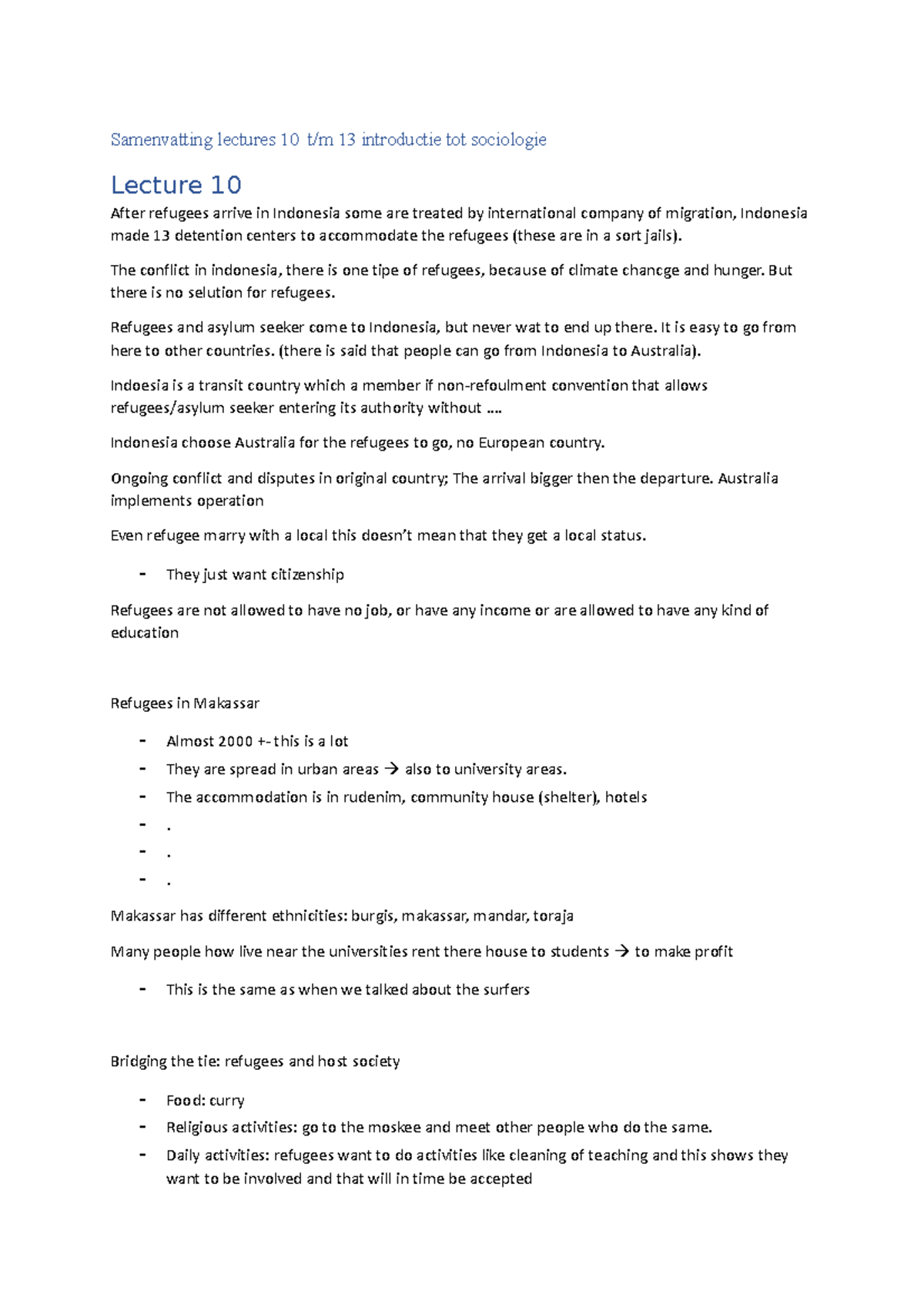 Samenvatting lectures 10 tot 13 introductie tot sociologie - Samenvatting lectures 10 t/m 13 ...