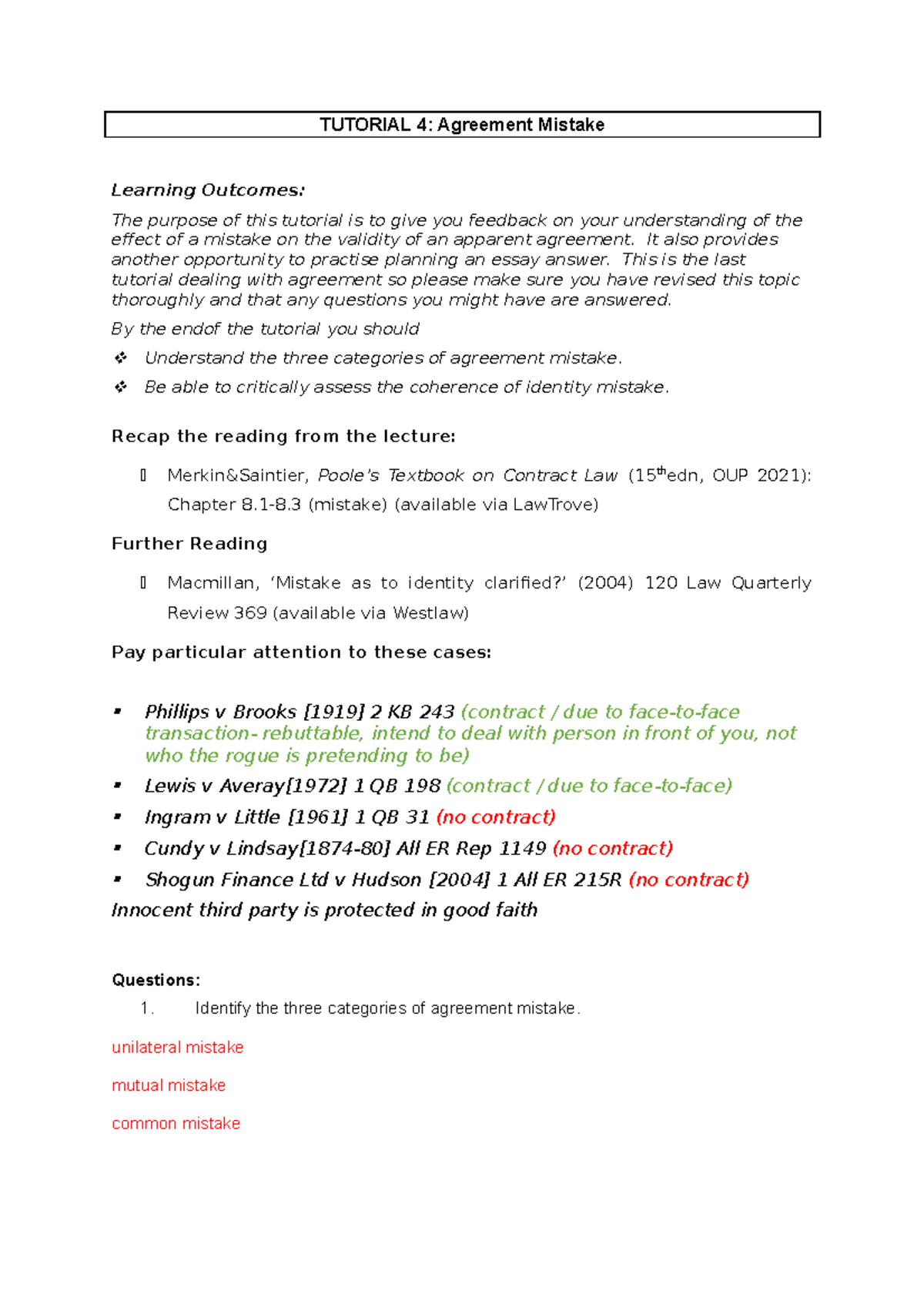 Tutorial 4 Agreement Mistake - TUTORIAL 4: Agreement Mistake Learning Outcomes: The purpose of ...