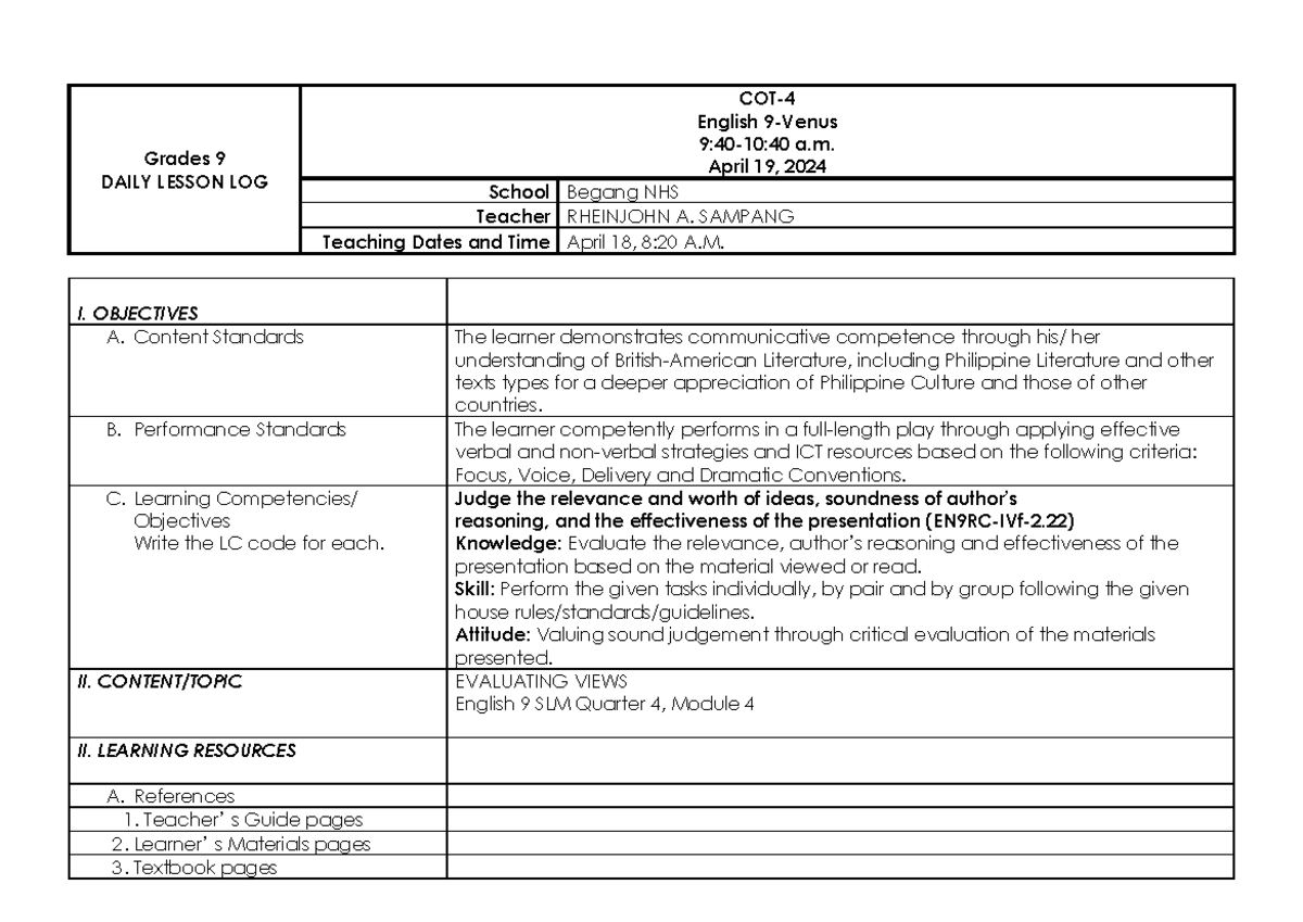 COT-4- Rheinjohn Sampang Q4 M4 - Grades 9 DAILY LESSON LOG COT- 4 English 9-Venus 9 : 40 - 10 : ...