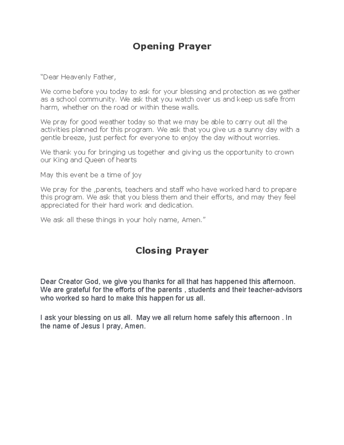 Prayer - NONE - Opening Prayer “Dear Heavenly Father, We come before ...