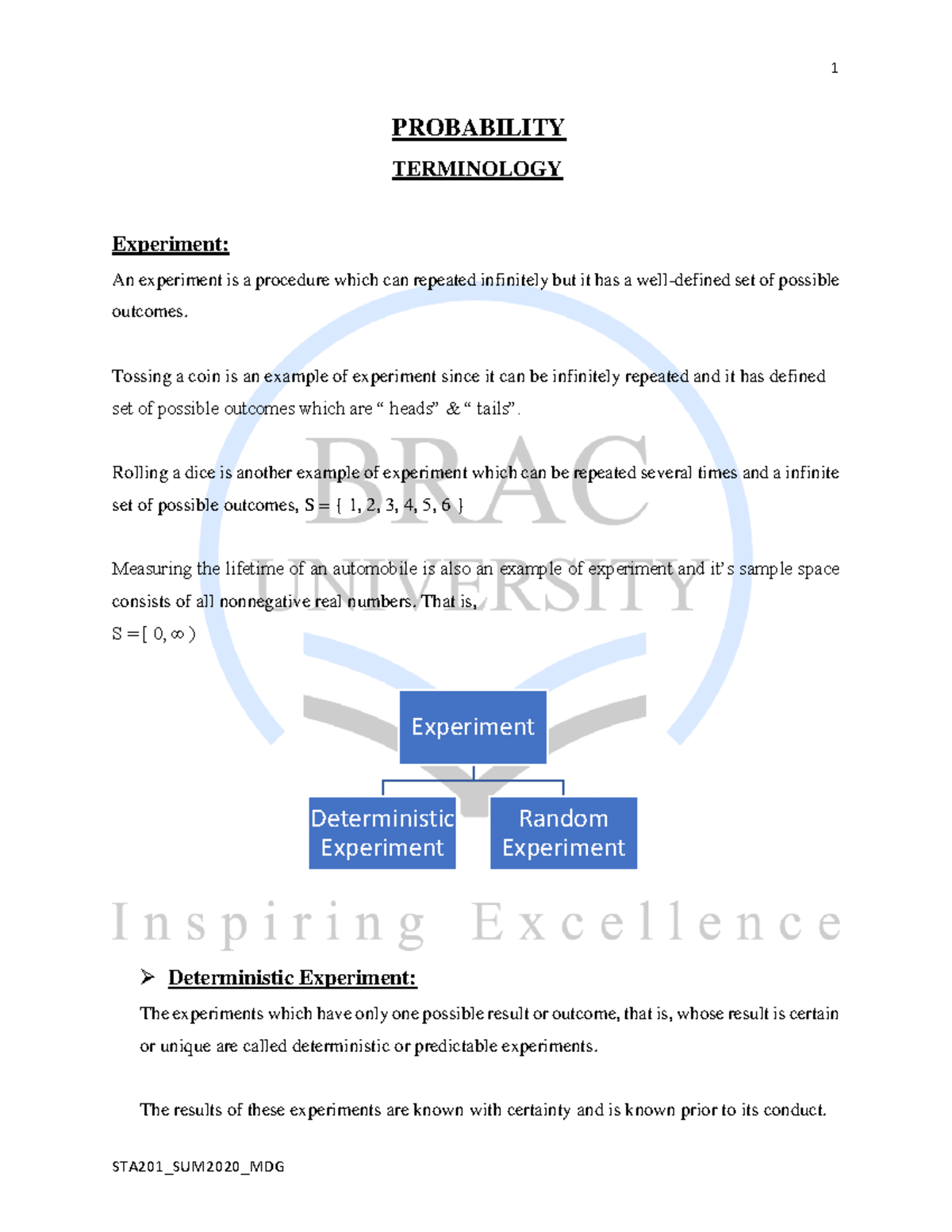Probability Basic Idea : Sta201 - PROBABILITY TERMINOLOGY Experiment ...