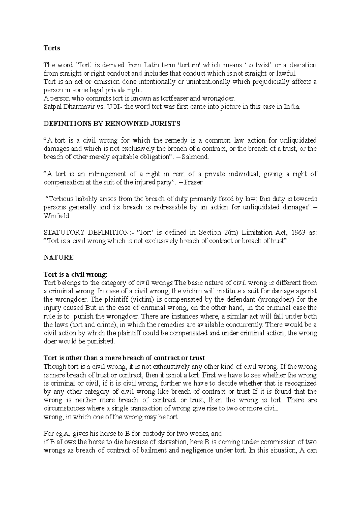 Torts notes-1 - Torts The word ‘Tort’ is derived from Latin term ...