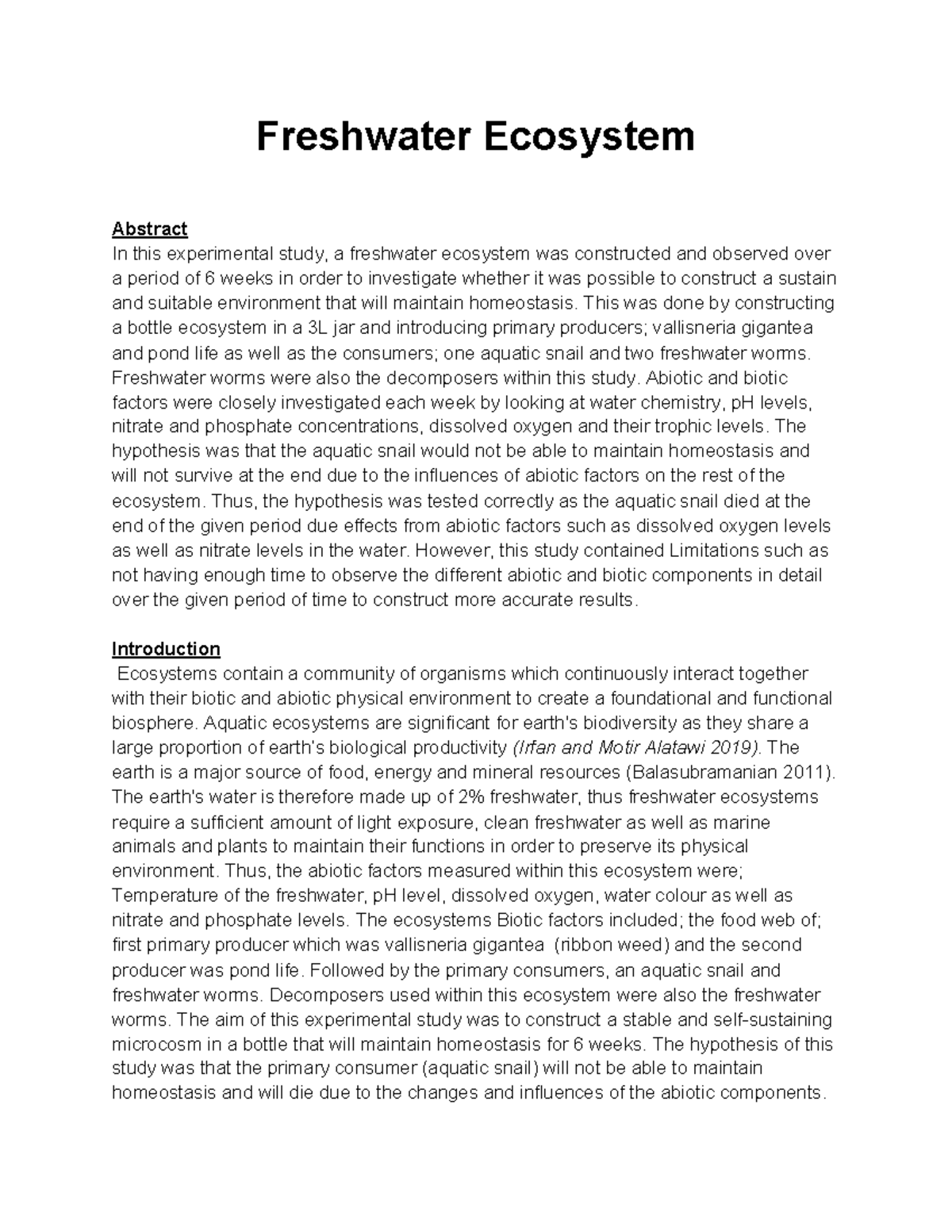 Ecosystem Report - Freshwater Ecosystem Abstract In this experimental ...