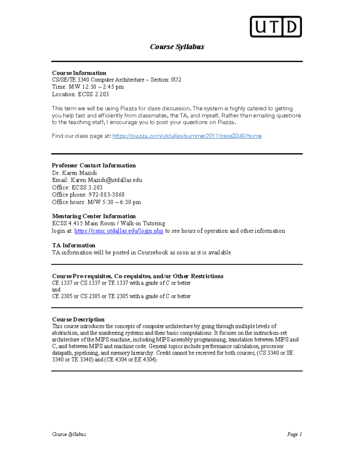 Syl65174 - Summary Computer Architecture - Course Syllabus Course ...