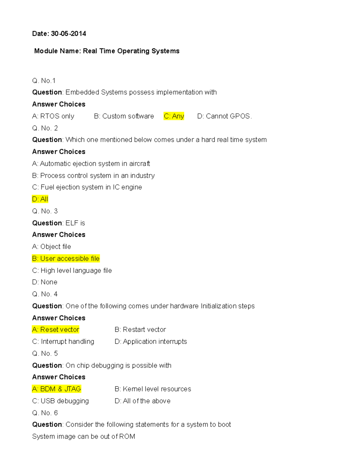 RTOS MCQS - i dont know - Date: 30-05- Module Name: Real Time Operating Systems Q. No. Question ...