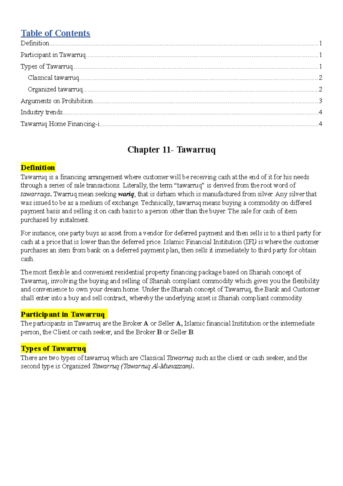 Chapter 11- Tawarruq (personal-financing) - Table of Contents - Studocu