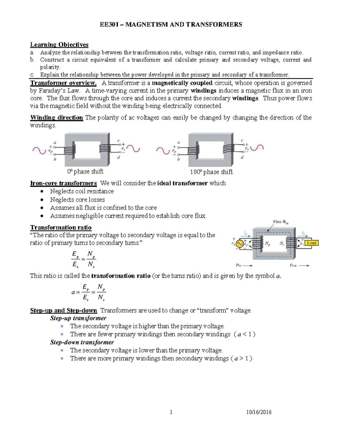 EE301 Lesson 24 Magnetism and Transformers - Learning Objectives a ...