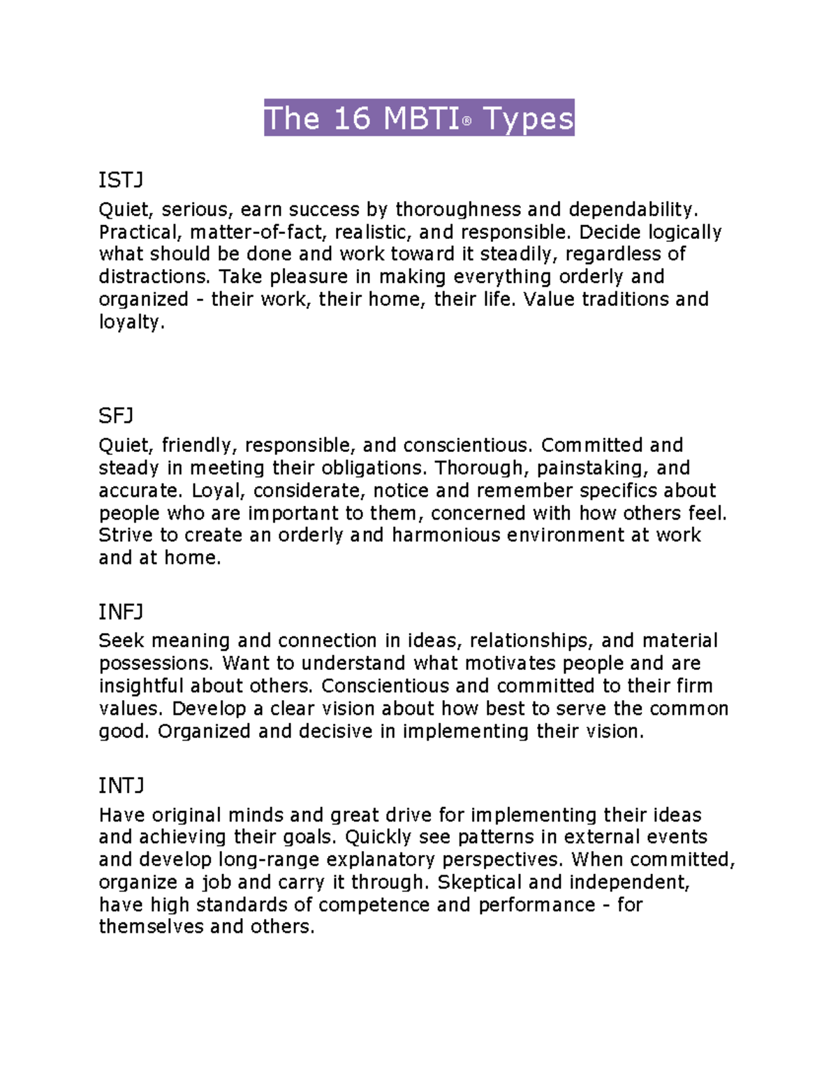 The 16 MBTI - Decision Analysis - The 16 MBTI® Types ISTJ Quiet ...