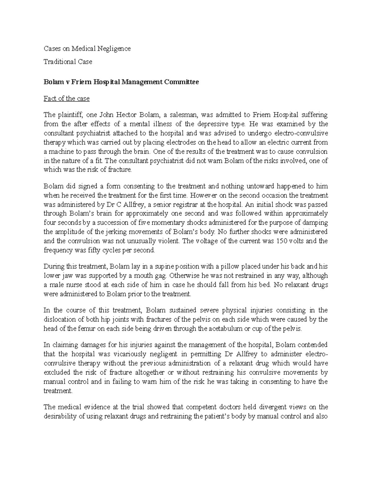 Cases on Medical Negligence - Cases on Medical Negligence Traditional ...