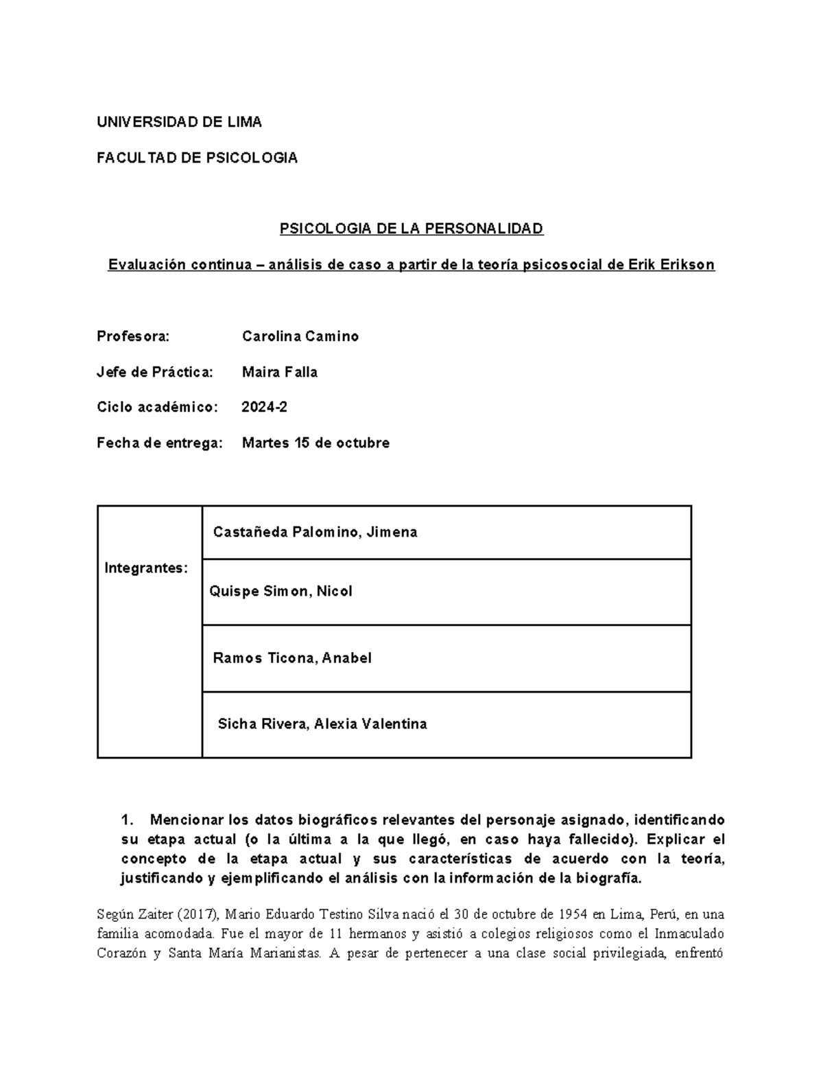 Análisis de personaje Erickson - UNIVERSIDAD DE LIMA FACULTAD DE ...