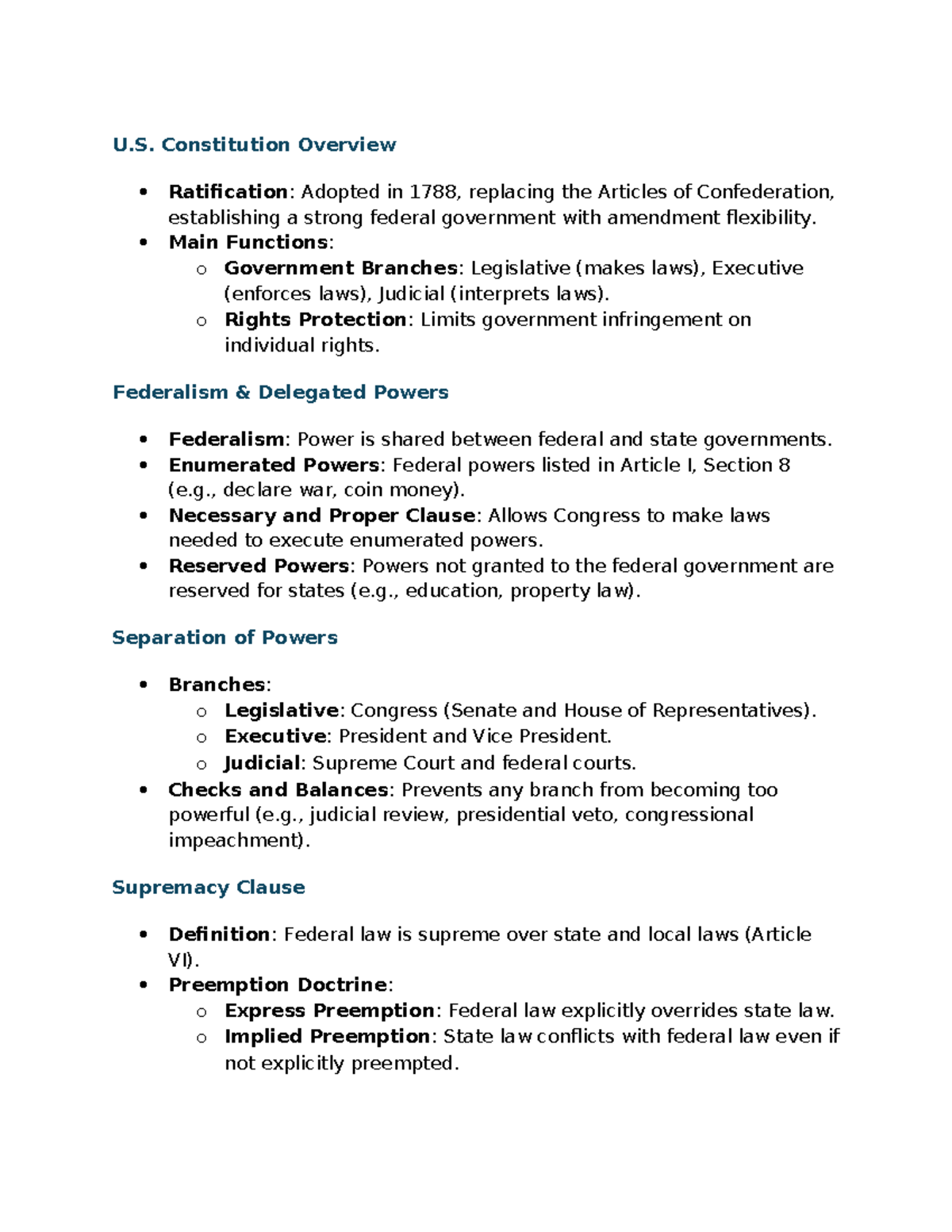 Chapter 4 Notes - U. Constitution Overview Ratification: Adopted in ...