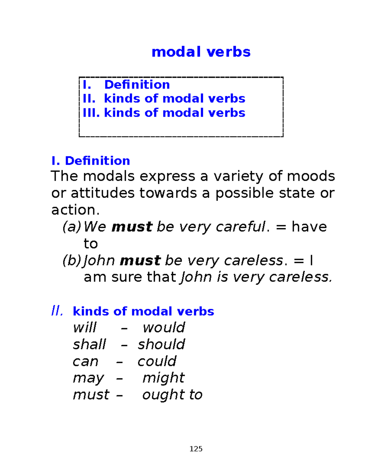 Modal Verbs - modal verbs I. Definition II. kinds of modal verbs III ...