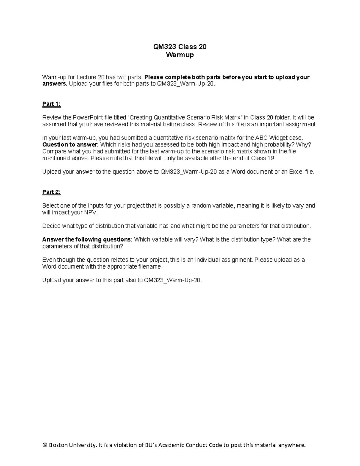 Class 20 Warm Up - Warm Up - © Boston University. It is a violation of ...