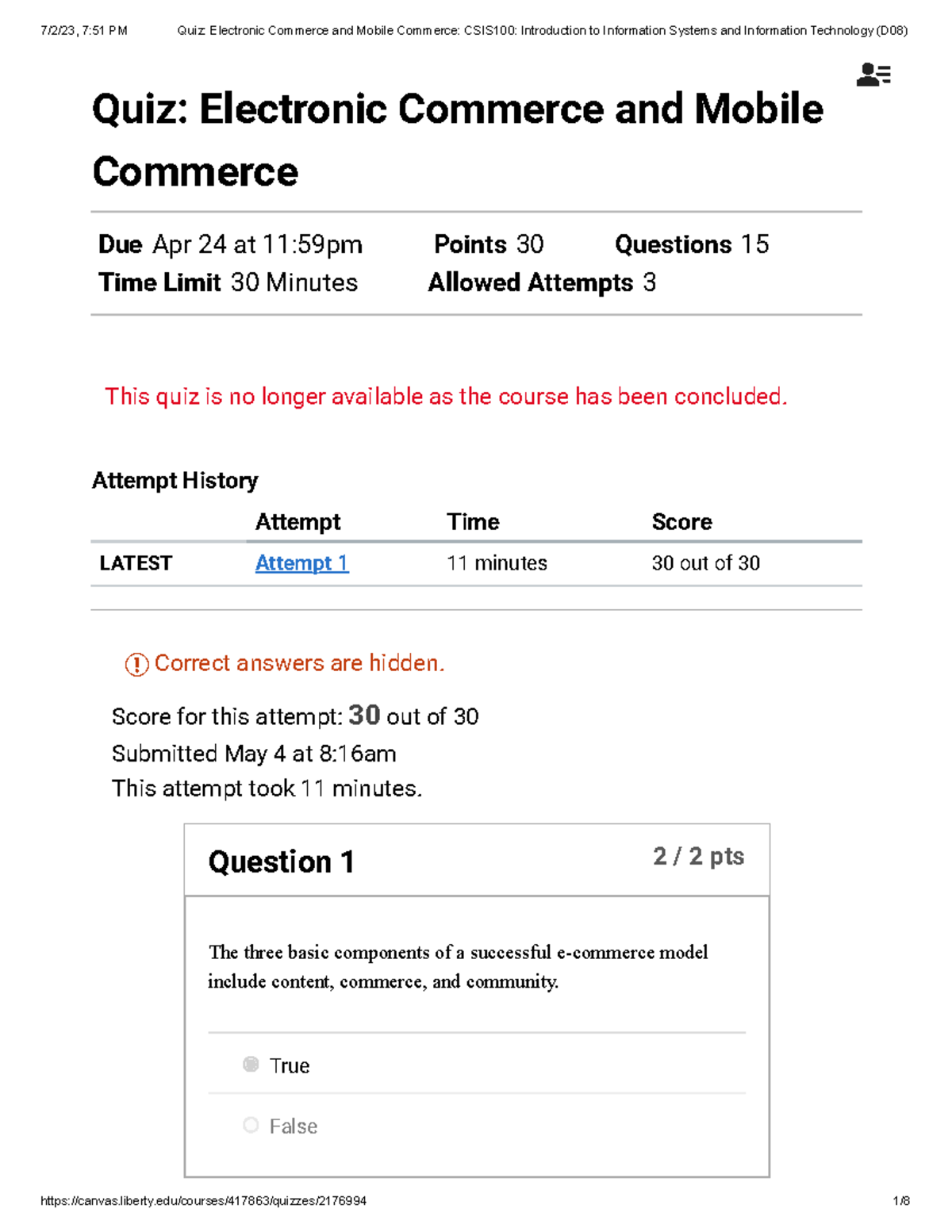 Quiz Electronic Commerce and Mobile Commerce CSIS100 Introduction to ...