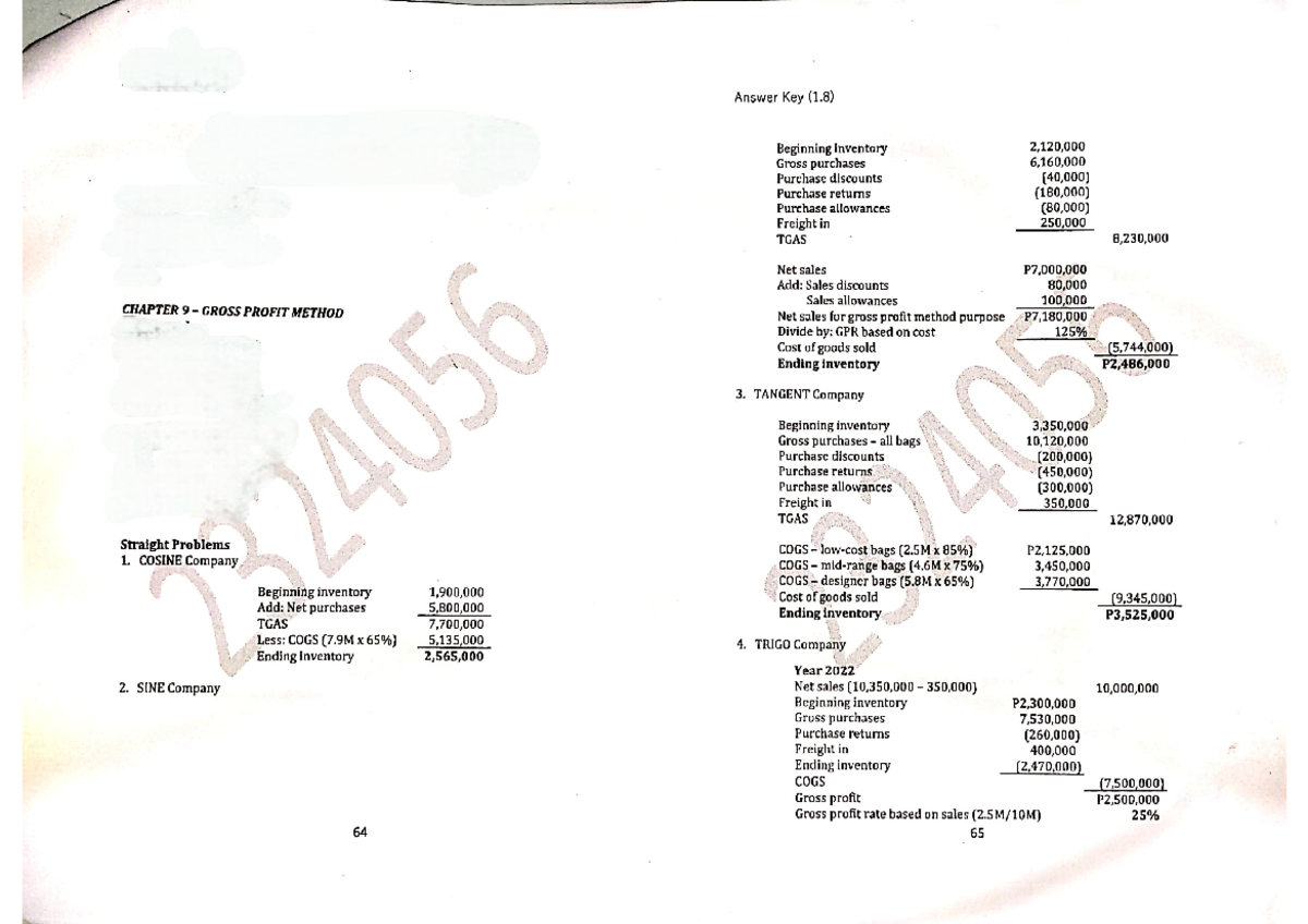 Chapter 9 AND 9A - review - Answer Key (1) Beginning inventory Gross ...