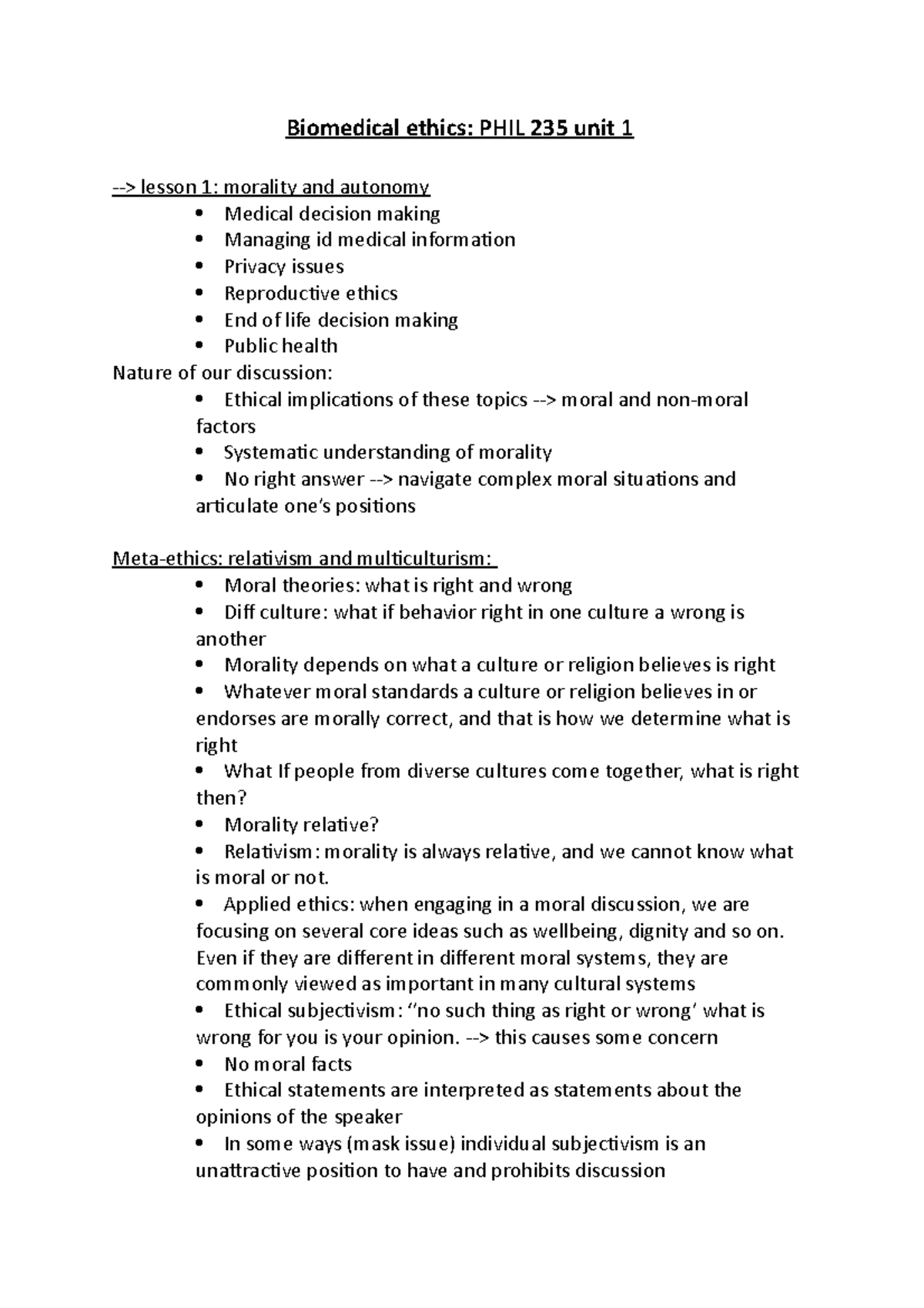 Biomedical ethics unit 1 - Biomedical ethics: PHIL 235 unit 1 -> lesson ...