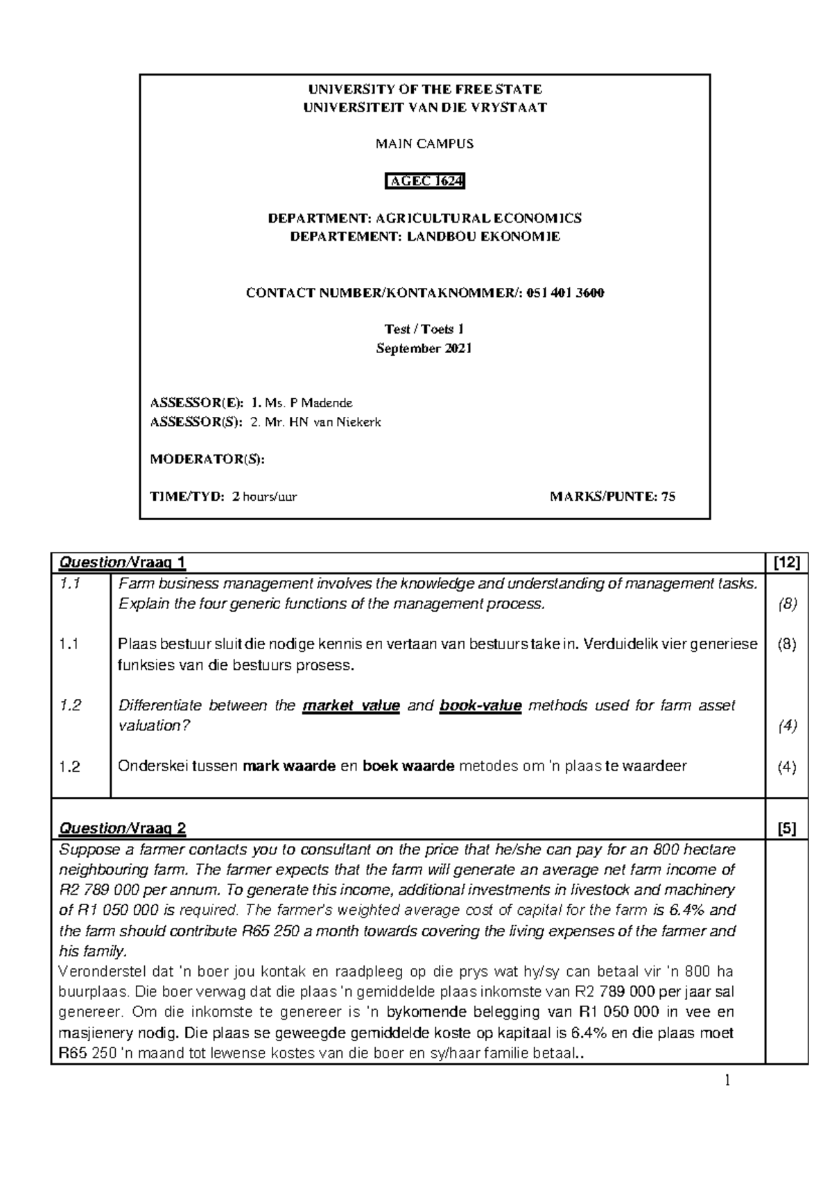 AGEC 1624 TEST 1 (2021) Final main Campus - q Question/Vraag 1 [ 12 ] 1 ...