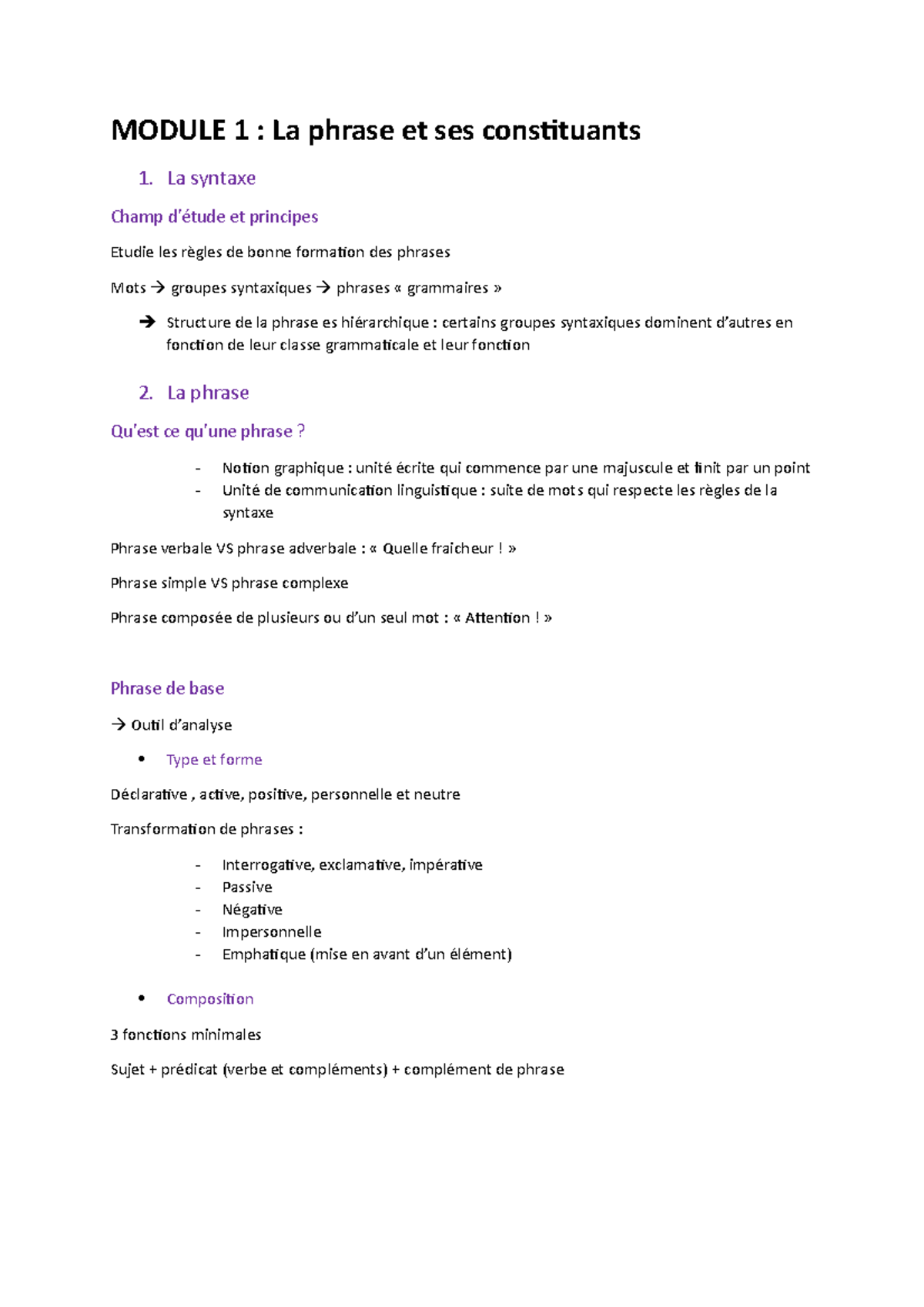 ORTHO Module 1 - La phrase et ses constituants - MODULE 1 : La phrase ...