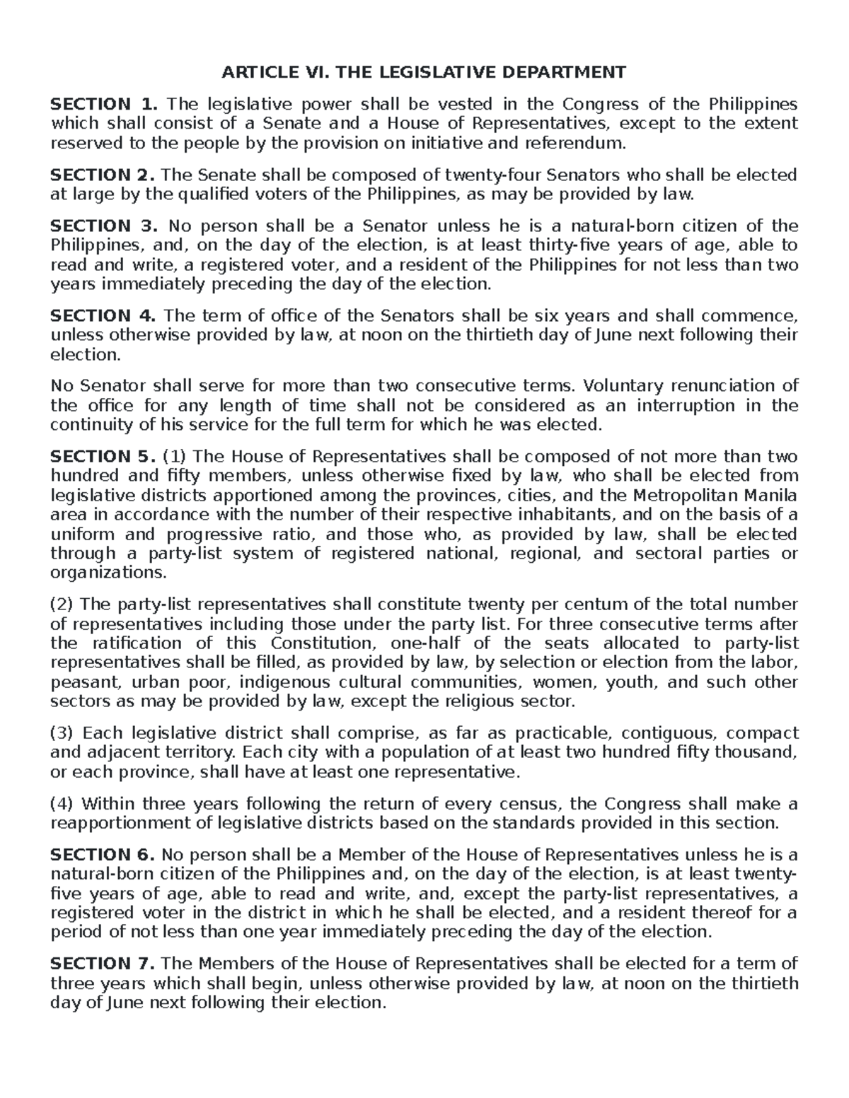 Article VI - consti - ARTICLE VI. THE LEGISLATIVE DEPARTMENT SECTION 1 ...