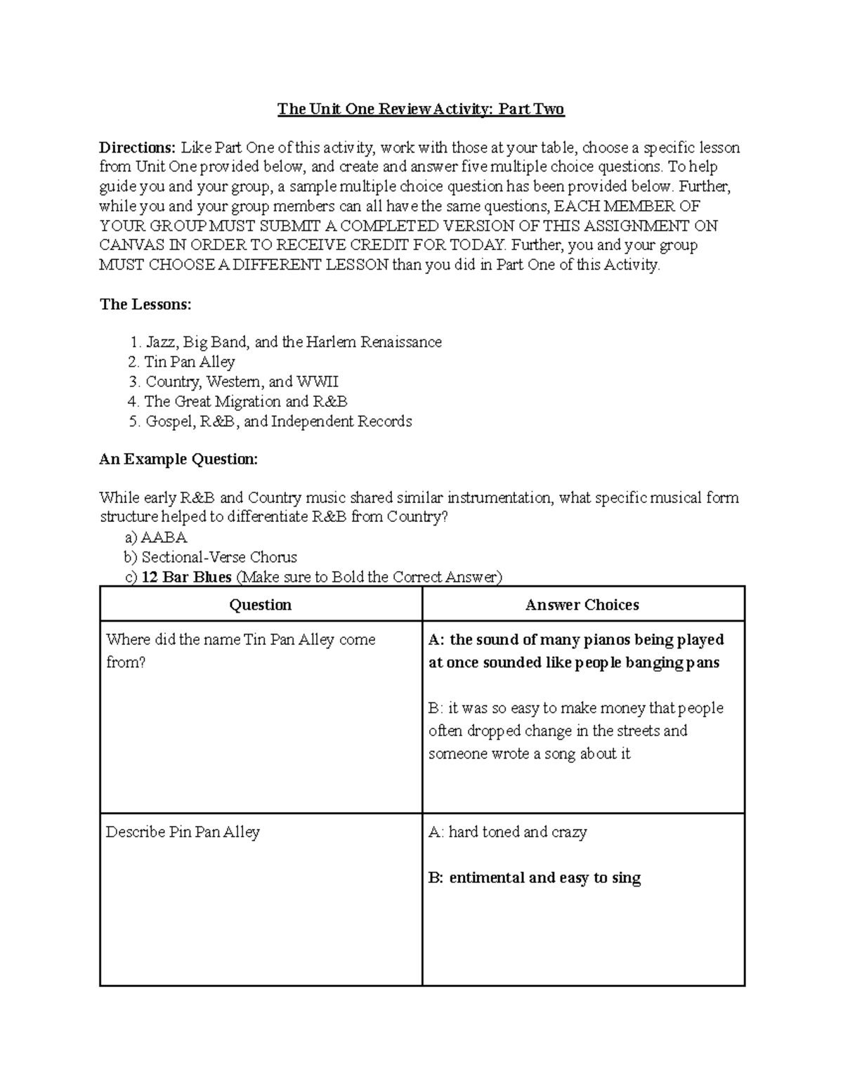 The Unit One Review Activity-Part Two - To help guide you and your ...