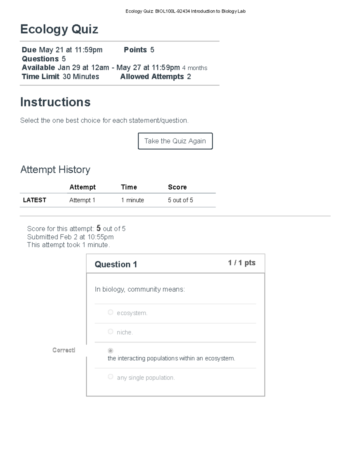 Ecology Quiz BIOL100L 92434 Introduction to Biology Lab - Ecology Quiz ...