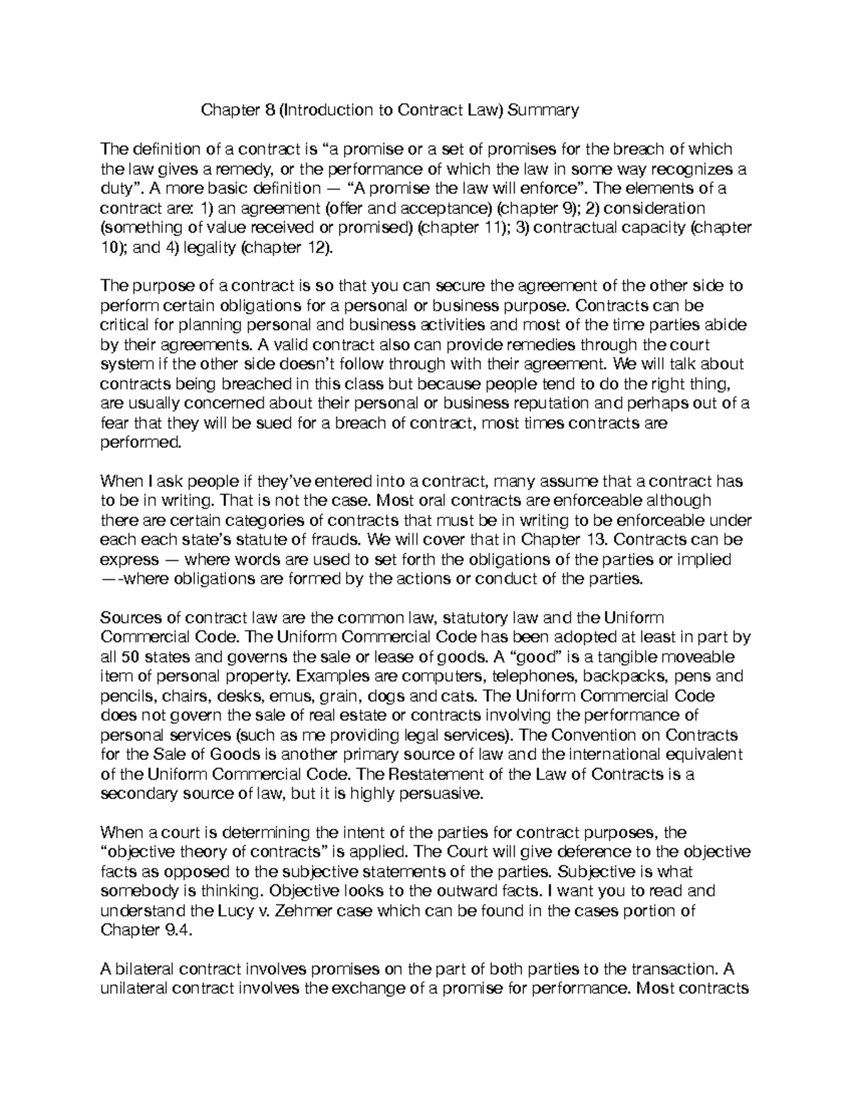 Chapter 8 (Introduction to Contract Law) Summary - A more basic ...