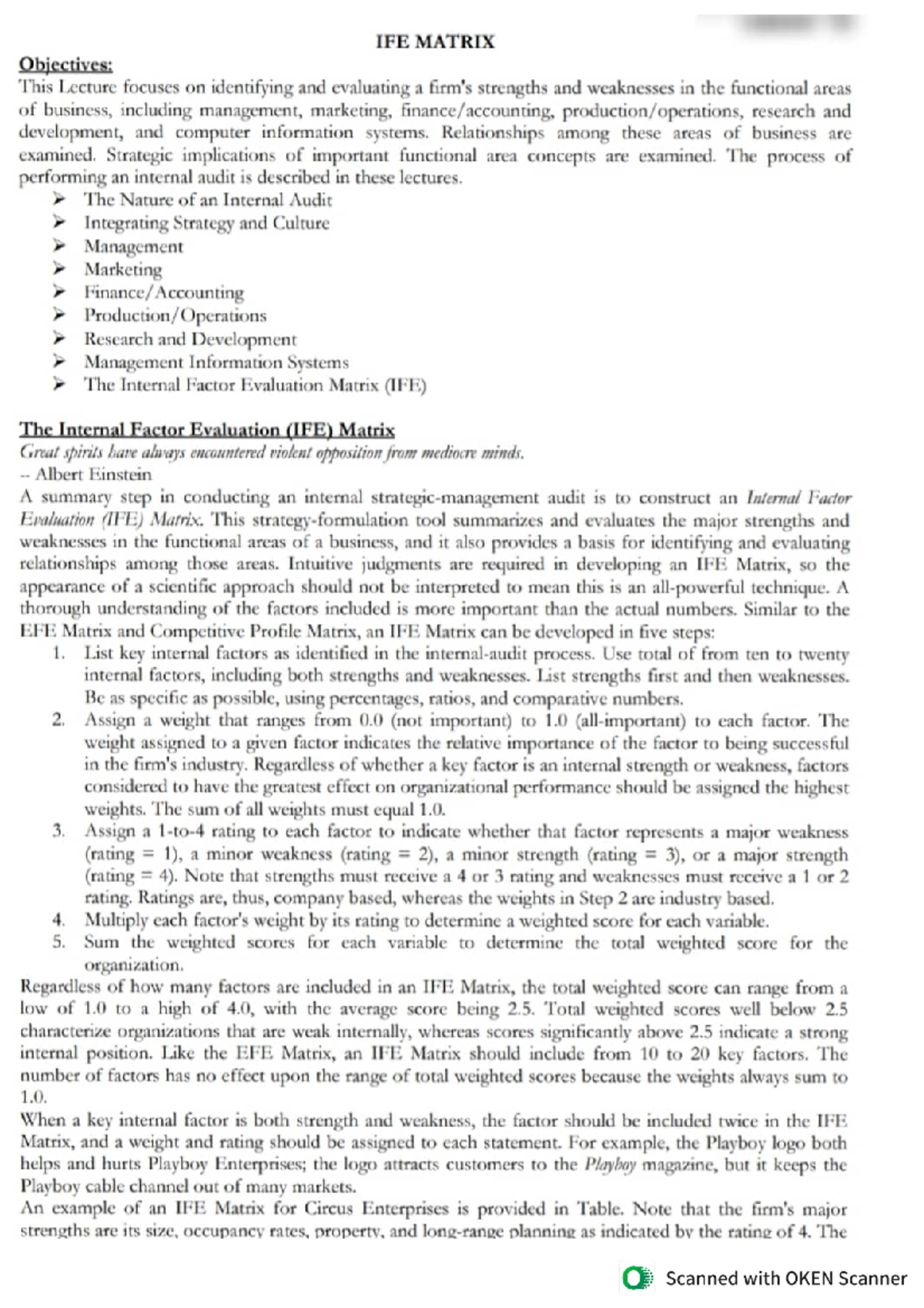 Strategic Management - IFE Matrix, Functions of Management, Planing ...