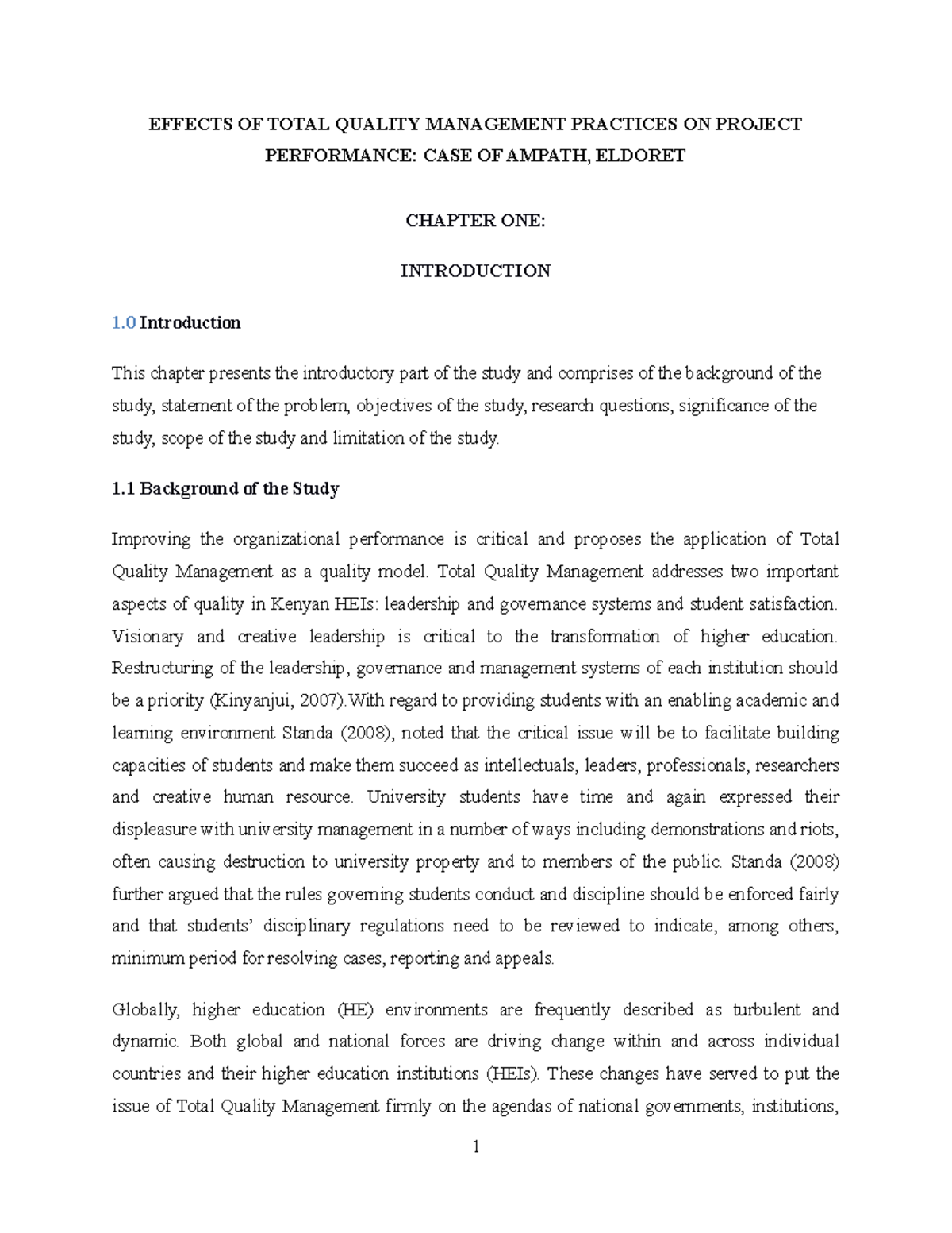 IVY Chapter ONE Effects OF Total Quality Management Practices ON Project Performance - EFFECTS ...