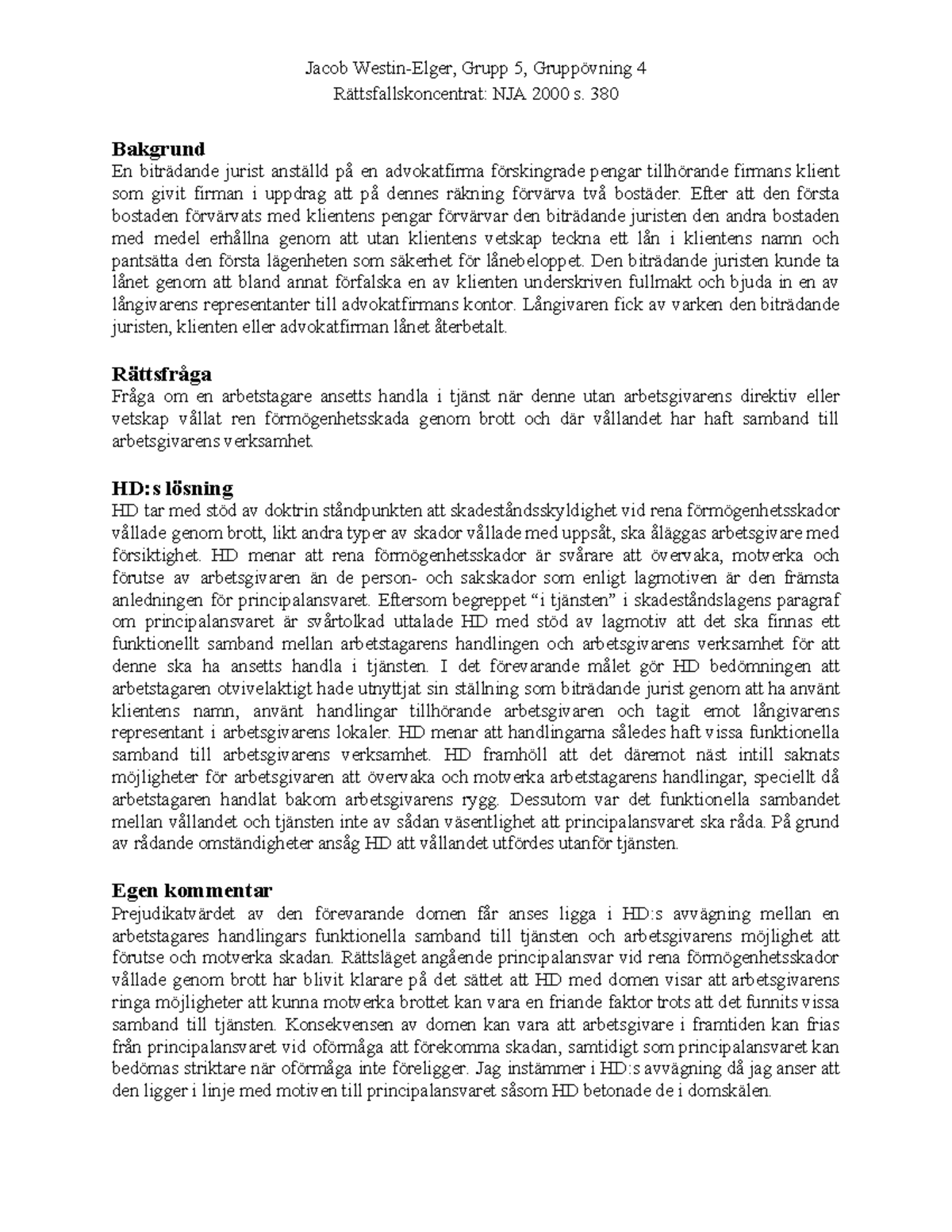 RFK1 - Rättsfallskoncentrat om NJA 2000 s. 380 - Jacob Westin-Elger ...