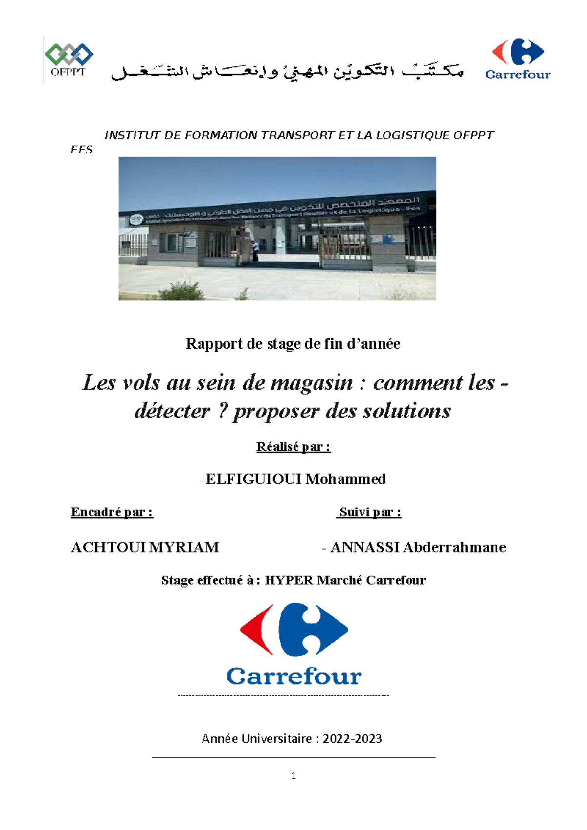Rapport de stage carrefour - INSTITUT DE FORMATION TRANSPORT ET LA ...