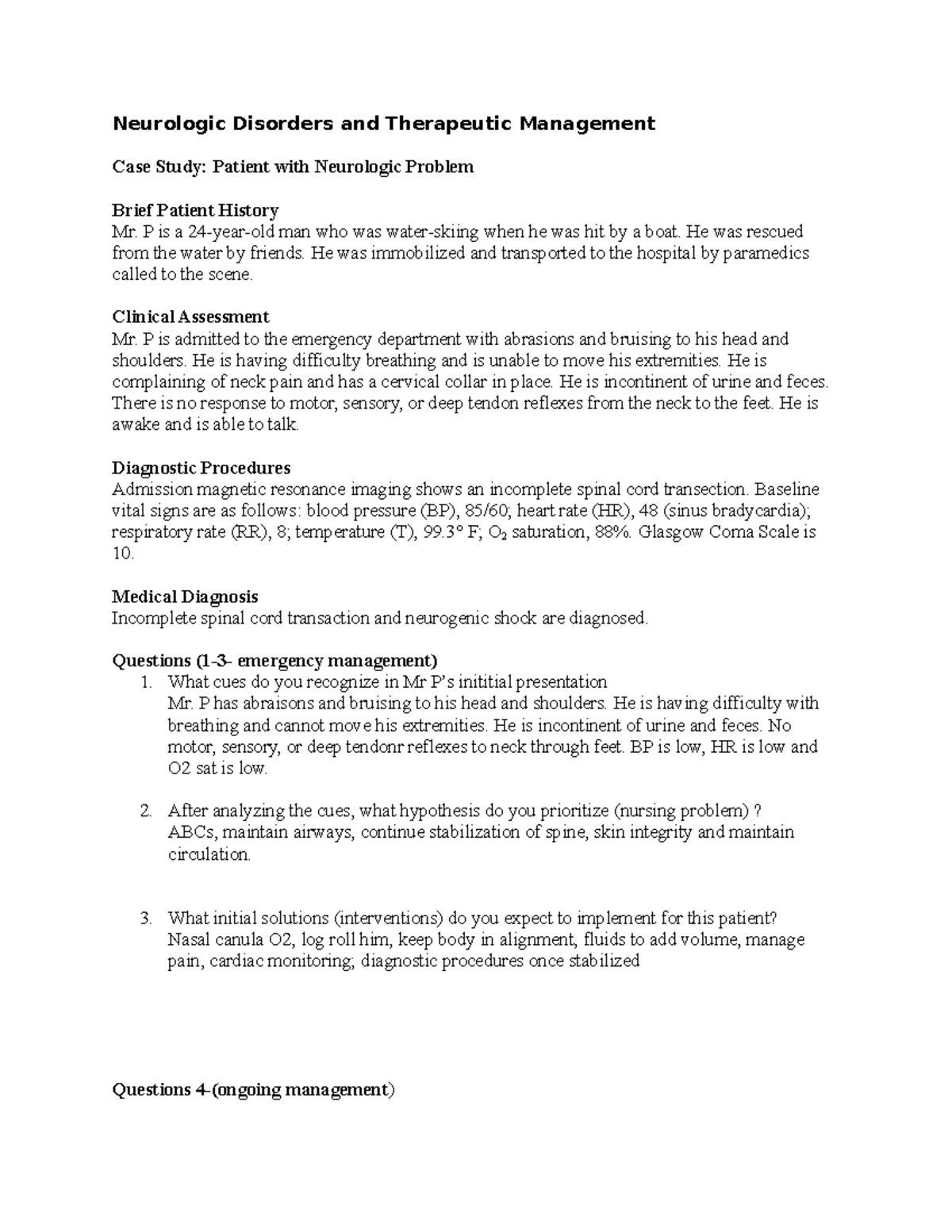 NUR405 SCI Case study - Neurologic Disorders and Therapeutic Management ...