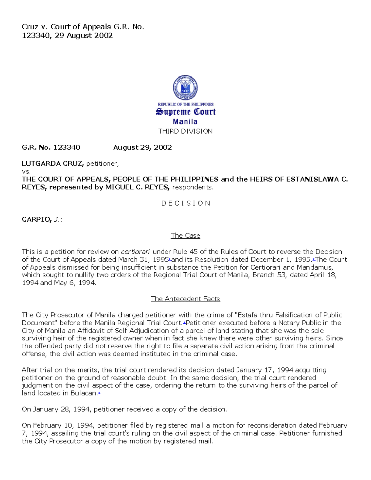 4A. Cruz v. Court of Appeals G.R. No - Cruz v. Court of Appeals G. No ...