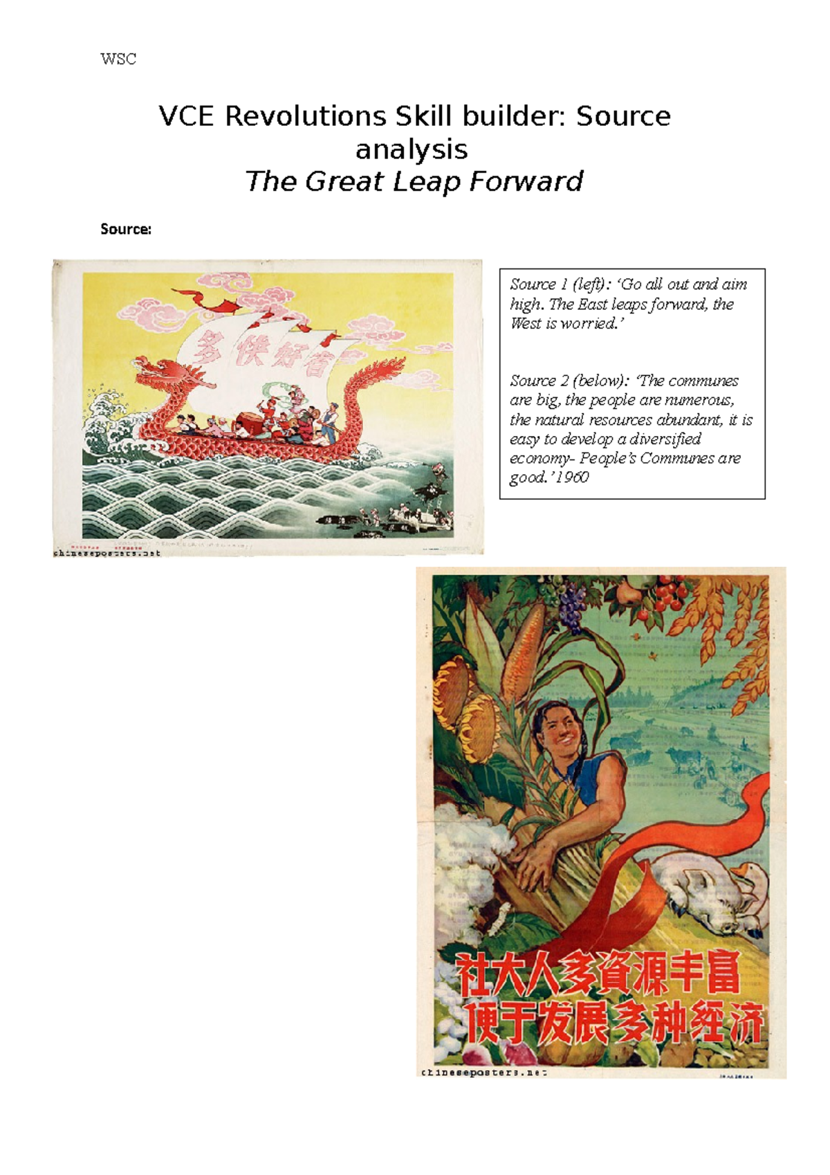 The Great Leap Forward Worksheet - VCE Revolutions Skill builder ...