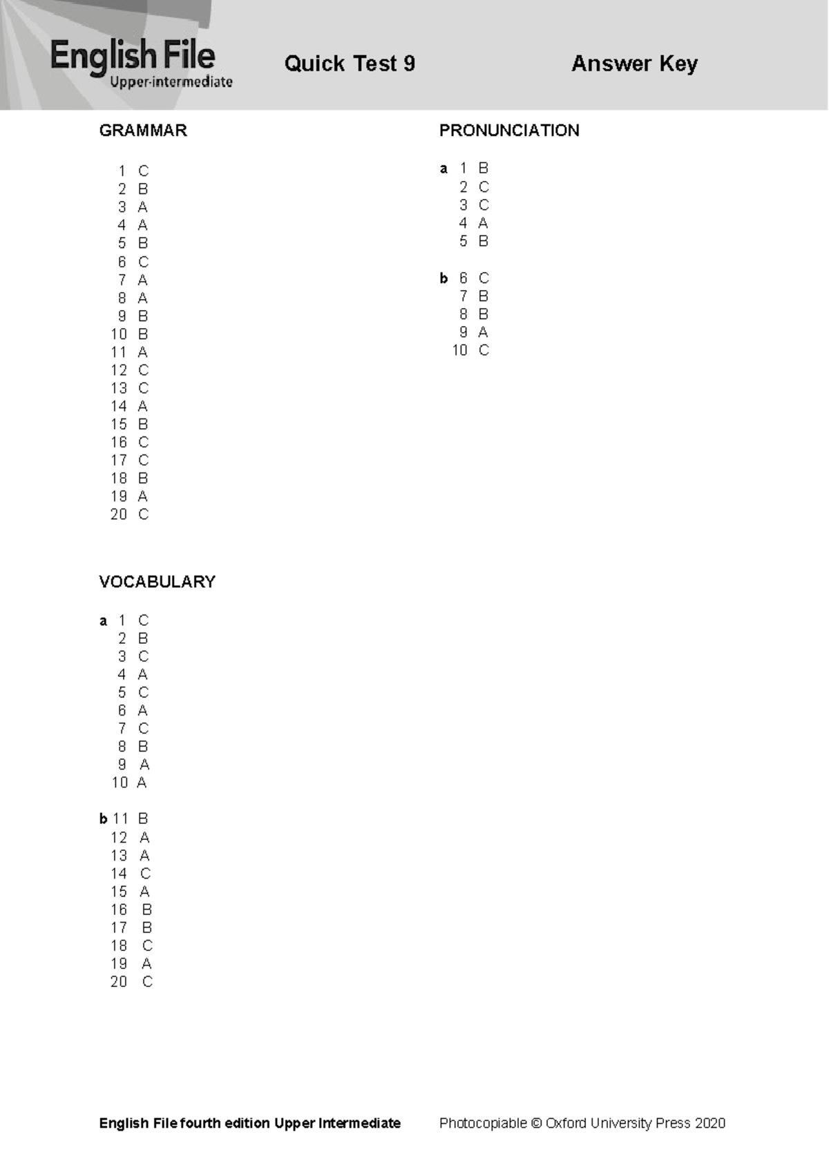 Pdfcoffee - Book - Quick Test 9 Answer Key GRAMMAR 1 C 2 B 3 A 4 A 5 B ...