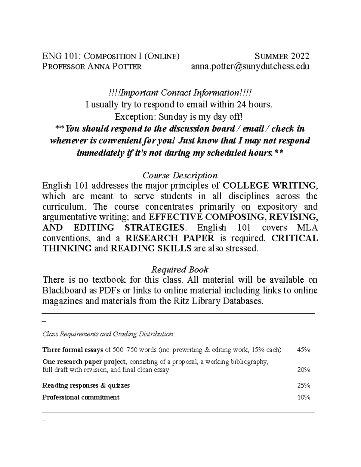 101 Syllabus Summer 2022 - ENG 101: COMPOSITION I (ONLINE) SUMMER 2022 ...