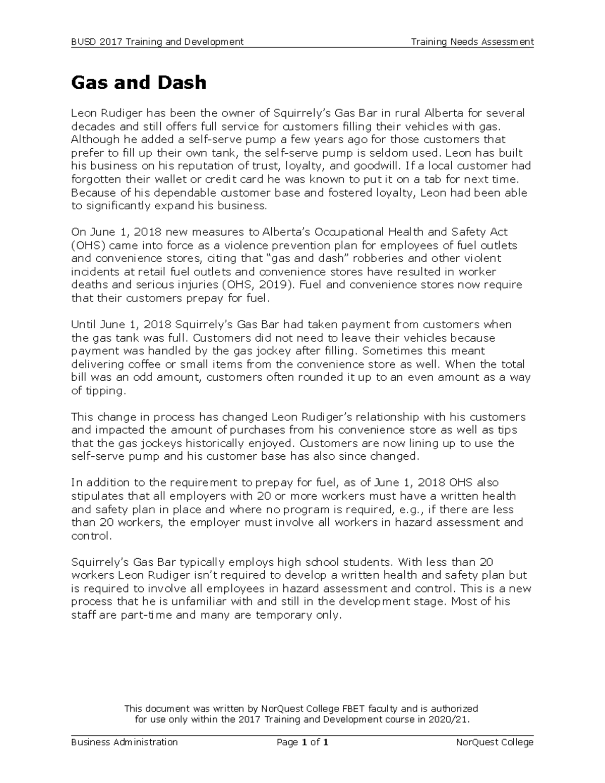 Case Study - Gas and Dash - BUSD 2017 Training and Development Training ...