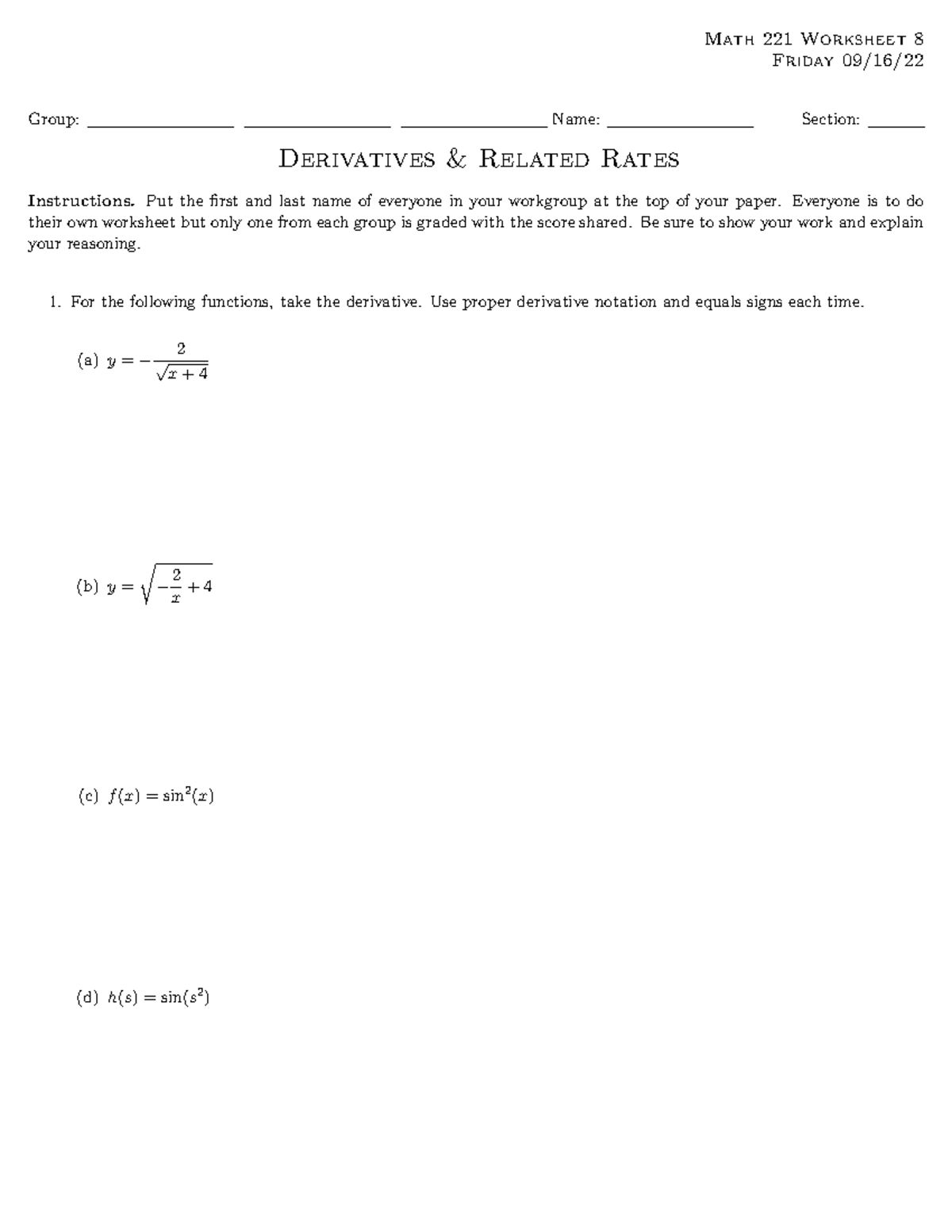 WS8 091622 - Derivative and Related Rates - Math 221 Worksheet 8 Friday ...