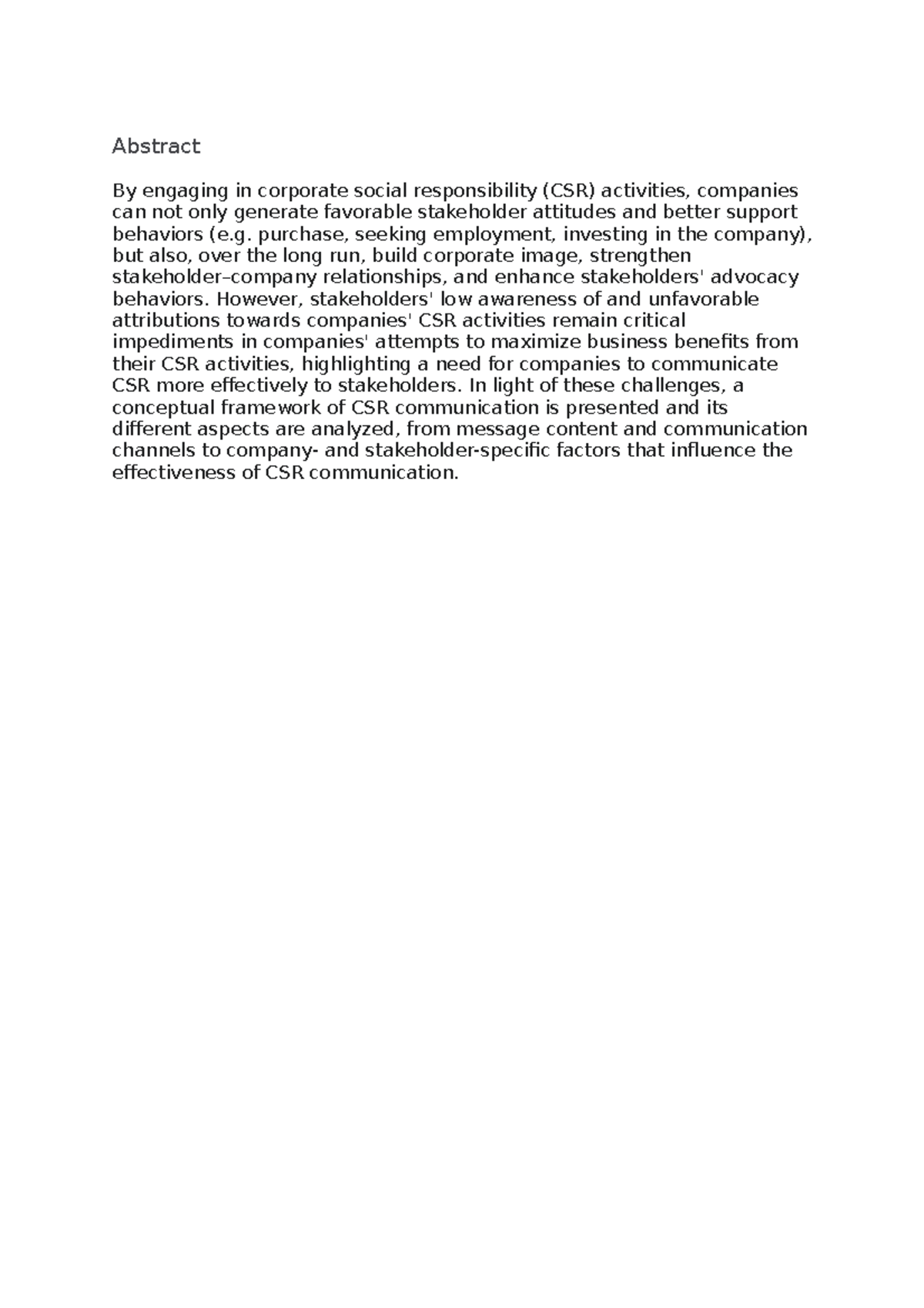 Csr - CSR Notess - Abstract By engaging in corporate social ...