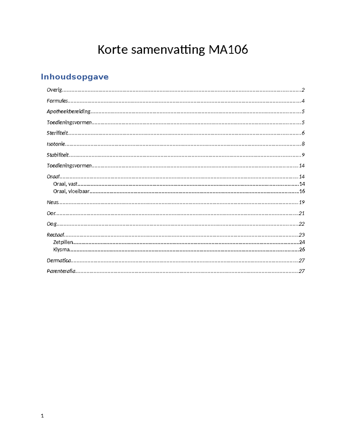 Korte samenvatting MA106 - Inhoudsopgave - Korte samenvatting MA - Studeersnel