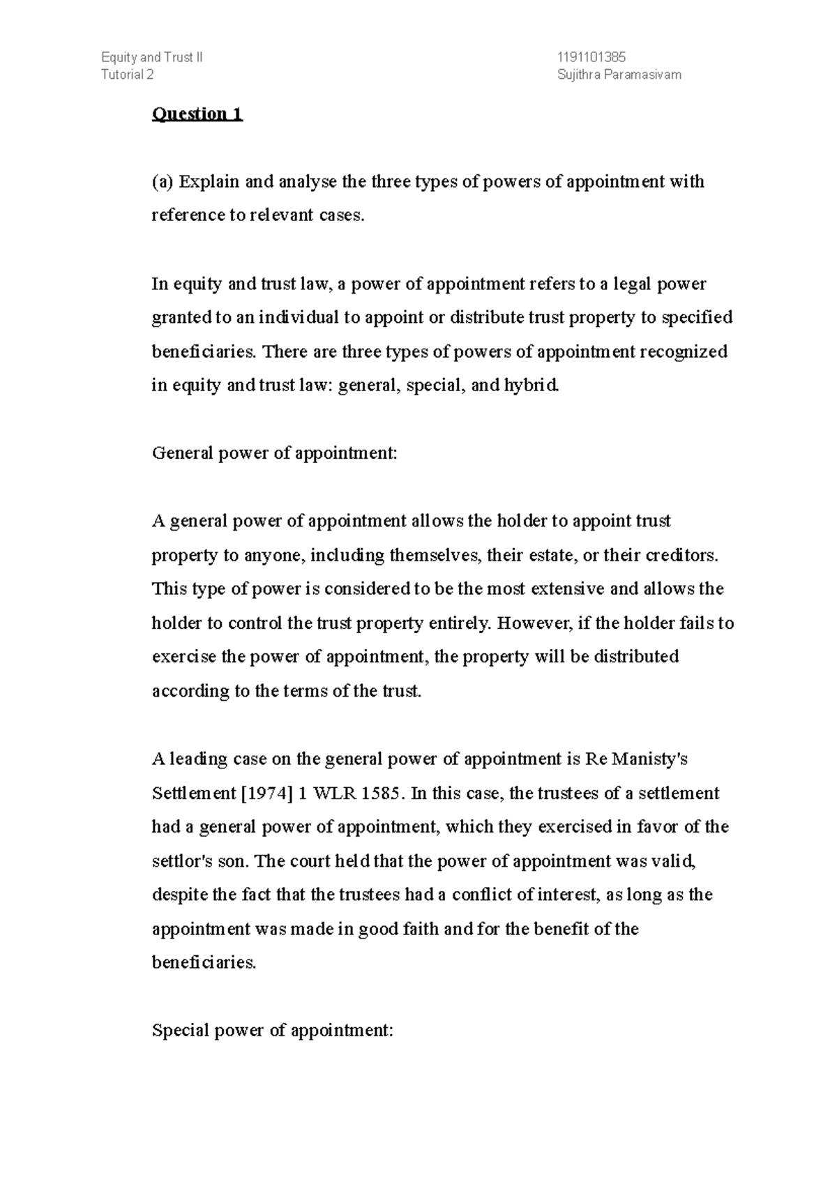 Equity Tutorial 2 - essay - Tutorial 2 Sujithra Paramasivam Question 1 ...